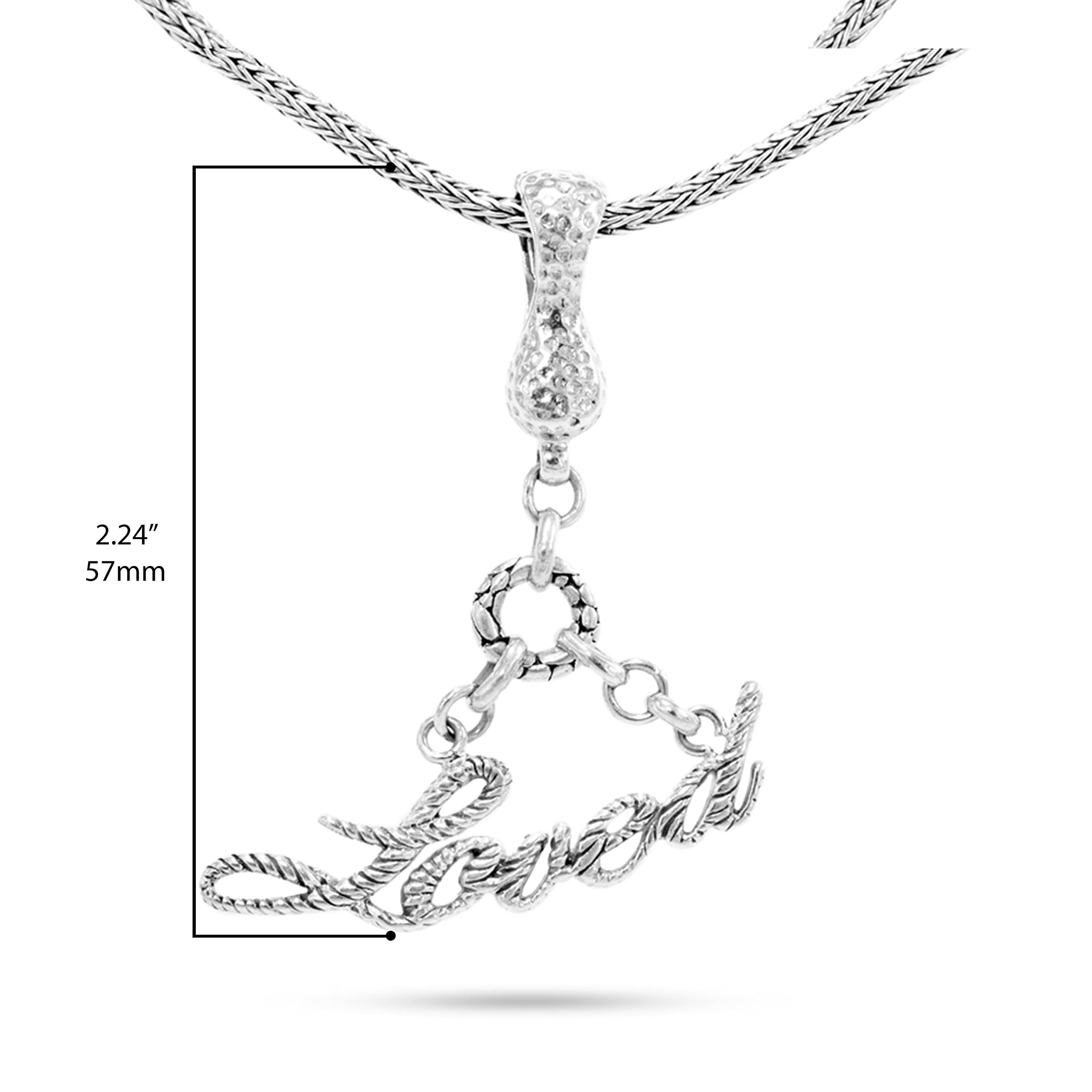 SARDA - .925 Sterling Silver 2-1/4" x 1-2/3" Interconnected Rings Suspending Cursive "Loved" Triangular Enhancer Pendant - Handmade by Bali Artisans