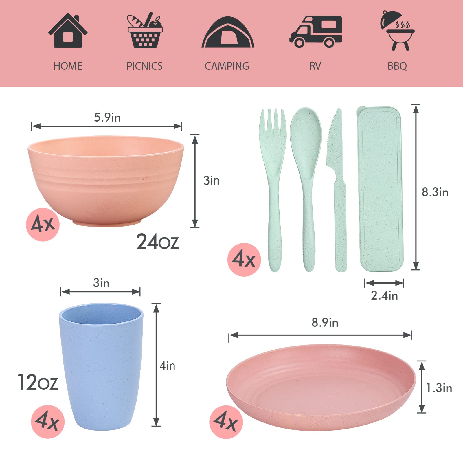 Wheat Straw Dinnerware Sets, 28PCS Plastic Plates and Bowls Sets College Dorm Room Essentials Dishes Set with Cutlery Set Microwave Safe (Colorful)
