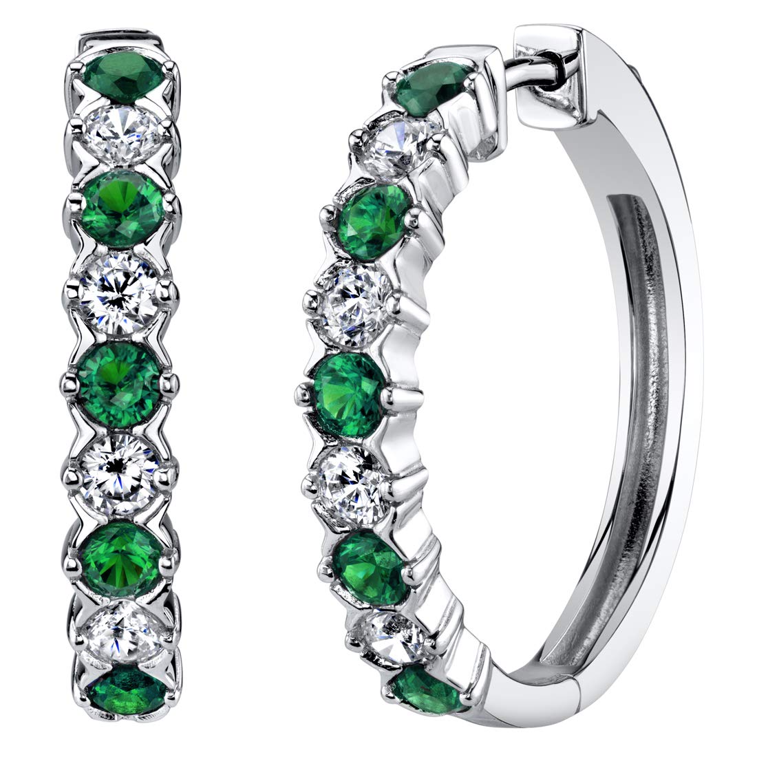 Peora Simulated Emerald and White Cubic Zirconia Women's Hoop Earrings in Sterling Silver, 1.50 Carats total, 1 inch Diameter