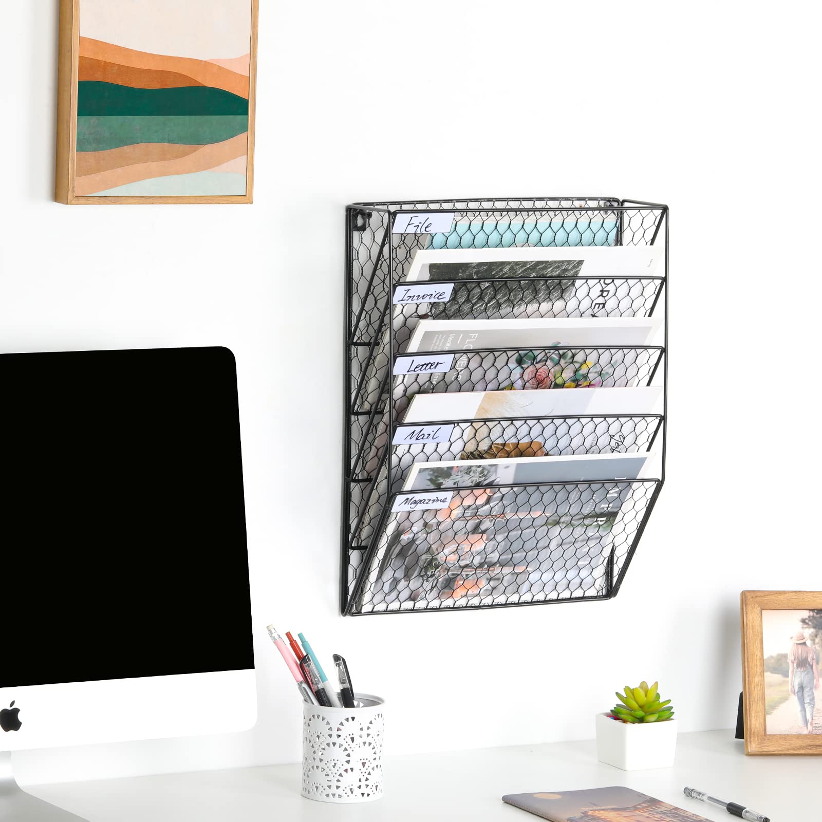 PAG Hanging Wall File Holder Office Wall Organizer Mail Sorter Metal Chicken Wire Literature Rack, 3-Tier, Black