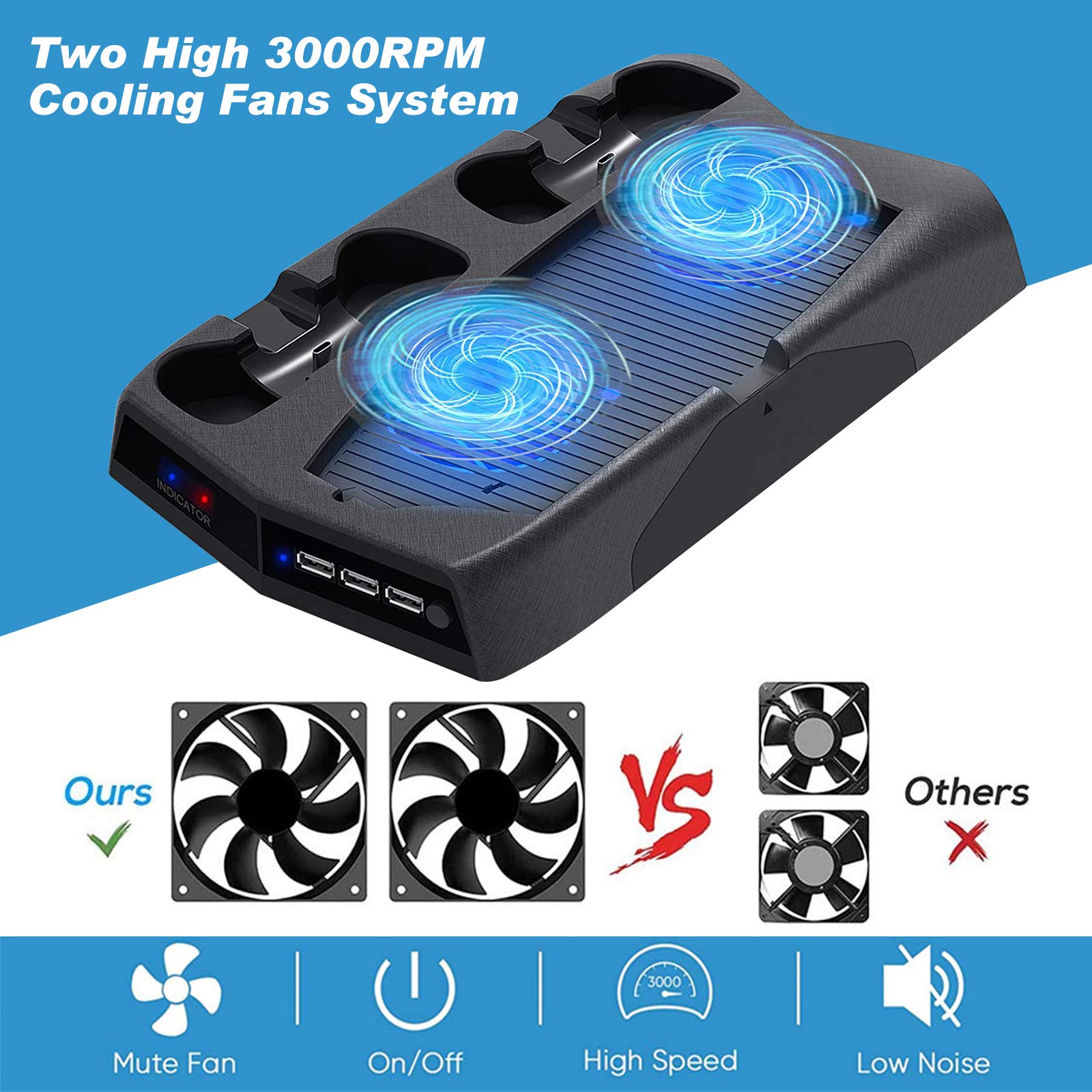 PS5 Stand with Cooling Fan, PS5 Cooling Station for Playstand 5 Console Digital Edition/Ultra HD,Dual Controller Charger PS5 Vertical Charging Stand with LED Indicators and 14 Game Card Slot Organizer