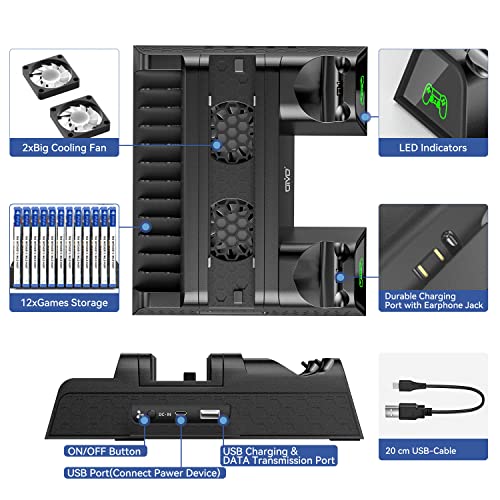 OIVO PS4 Stand Cooling Fan Station for Playstation 4/PS4 Slim/PS4 Pro, PS4 Pro Vertical Stand with Dual Controller EXT Port Charger Dock Station and 12 Game Slots