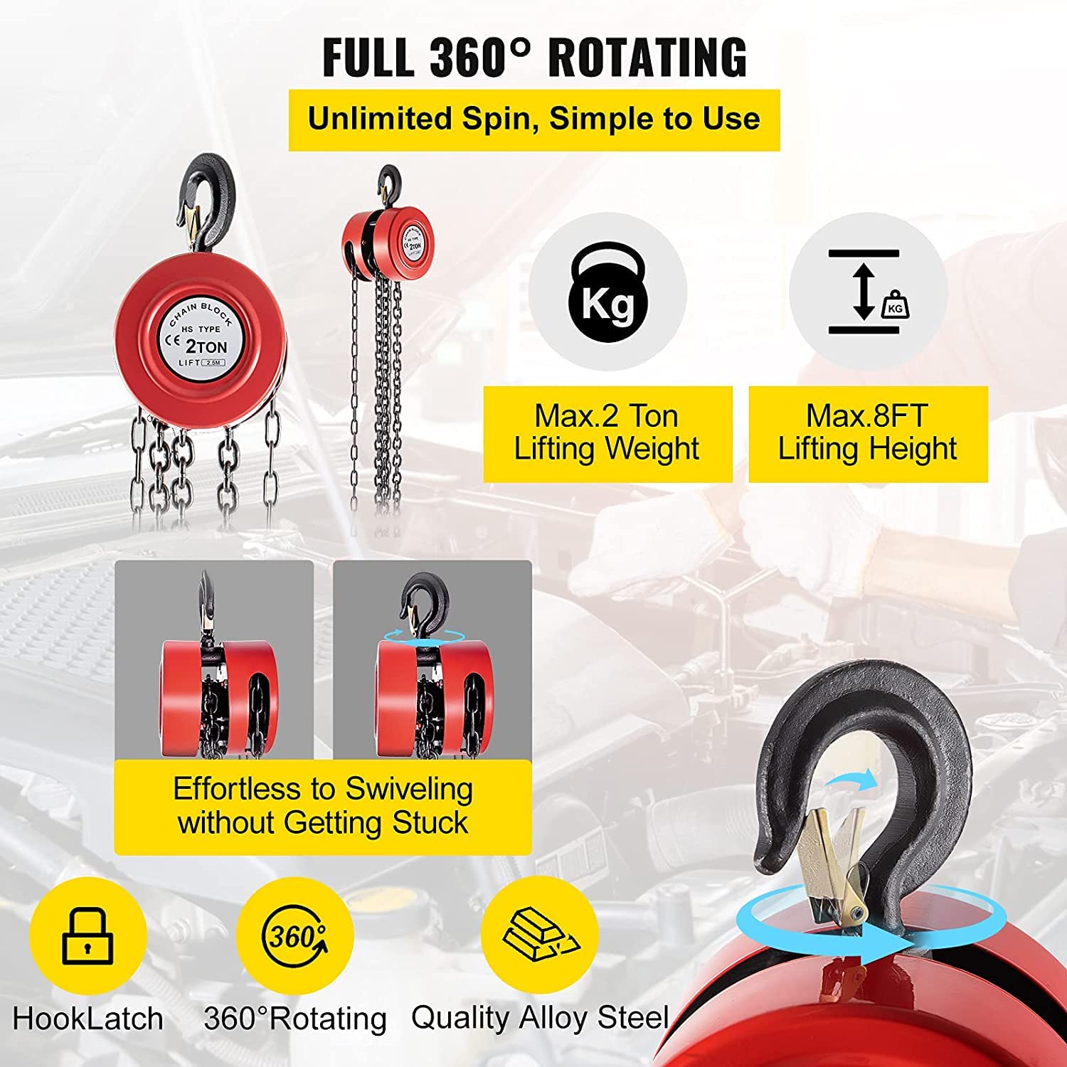 VEVOR Hand Chain Hoist, 4400 lbs /2 Ton Capacity Chain Block, 8ft/2.5m Lift Manual Hand Chain Block, Manual Hoist w/Industrial-Grade Steel Construction for Lifting Good in Transport & Workshop, Red