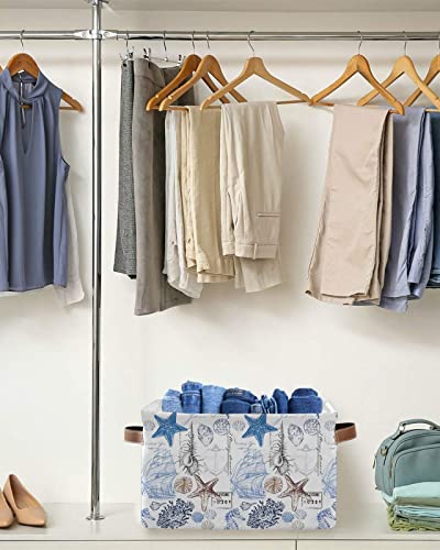 Storage Bins, Nautical Theme Marine Sail Boat Beach Starfish Shell Seashell Storage Baskets for Organizing Closet Shelves Clothes Decorative Fabric Baskets Large Storage Cubes with Handles