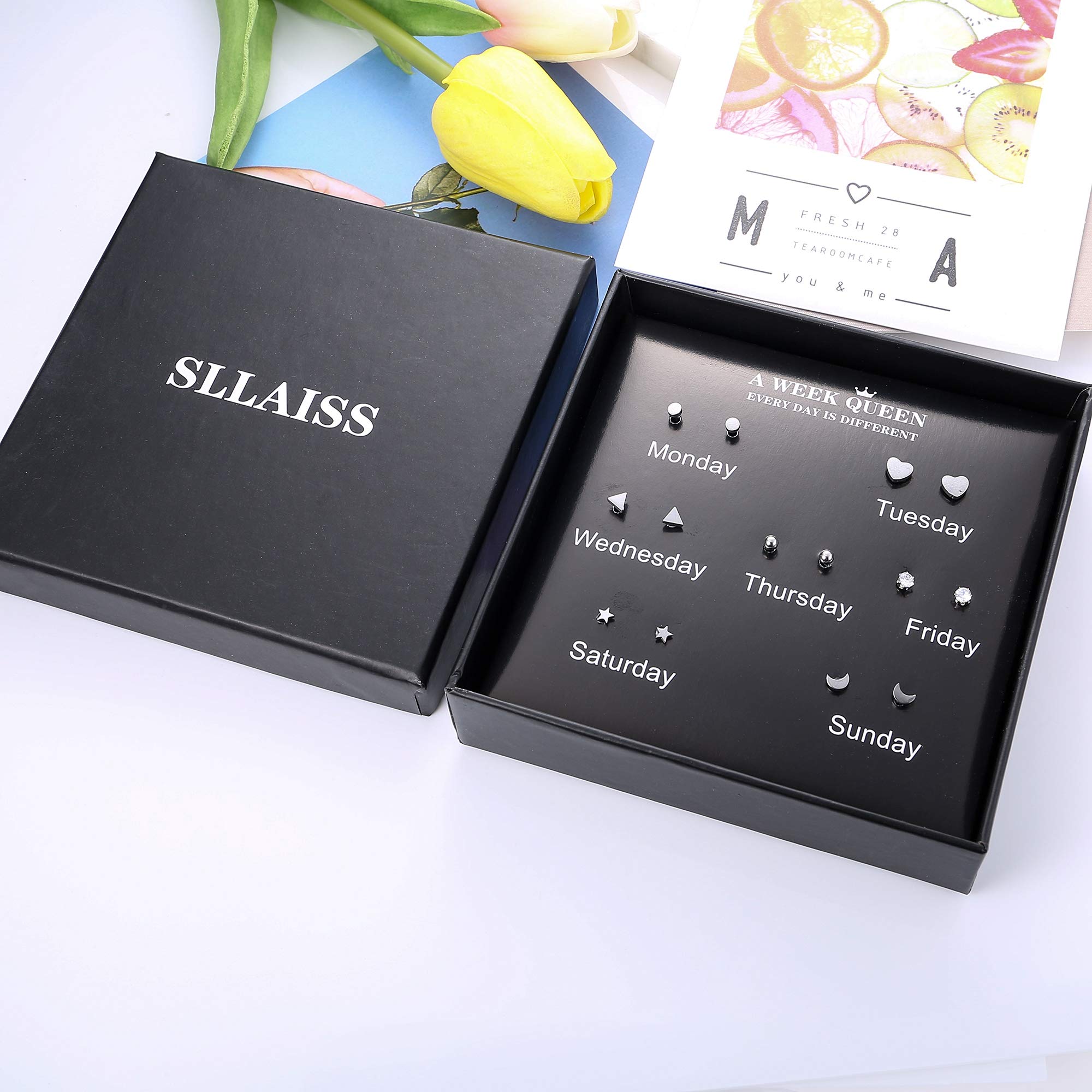 Sllaiss 7 Pairs Tiny Geometric Stud Earrings Set Stainless Steel CZ Ball Heart Star Cartilage Earrings Studs for Women Helix Ear Piercing Set With Gift Box