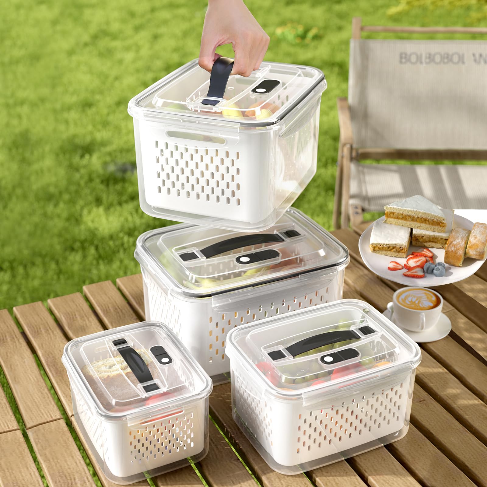 Ronanemon 3Pack Fridge Food Storage Container Set with Lids with Strainer,Plastic Fresh Produce Saver Vegetable Fruit Meat Storage Organization, BPA-Free Plastic Produce Keepers(3.15L+1.7L+0.8L)