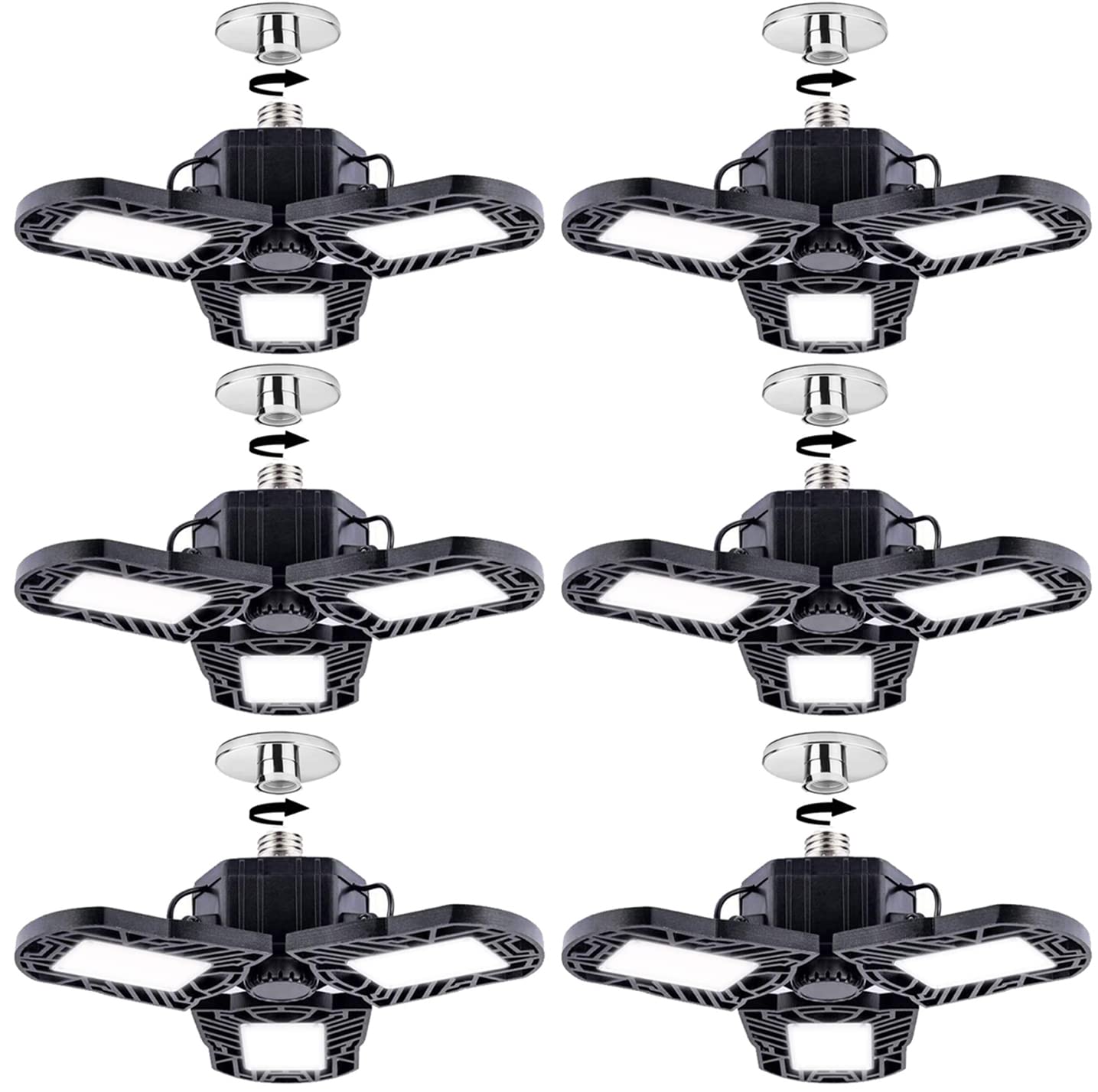 RGZZUP 6 Pack LED Garage Lights 80W,Three Panel Deformable Garage Lighting,8000LM High Bright LED Garage Light 6000K 110V E26/E27 Super Bright Adjustable LED Ceiling Lights for Garages Warehouse
