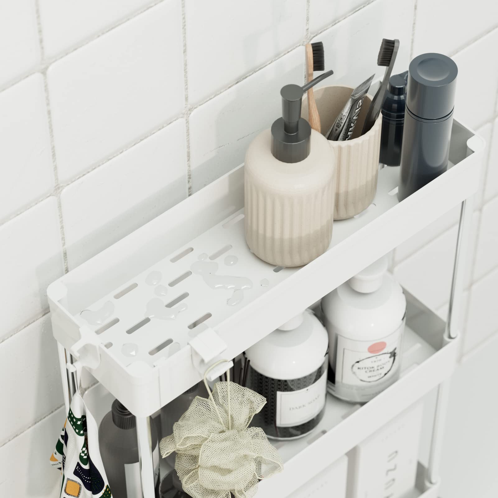 OTK Slim Storage Cart 4 Tier Mobile Shelving Unit Organizer, Utility Rolling Shelf Cart with Wheels for Bathroom Kitchen Bedroom Office Laundry Narrow Places,White