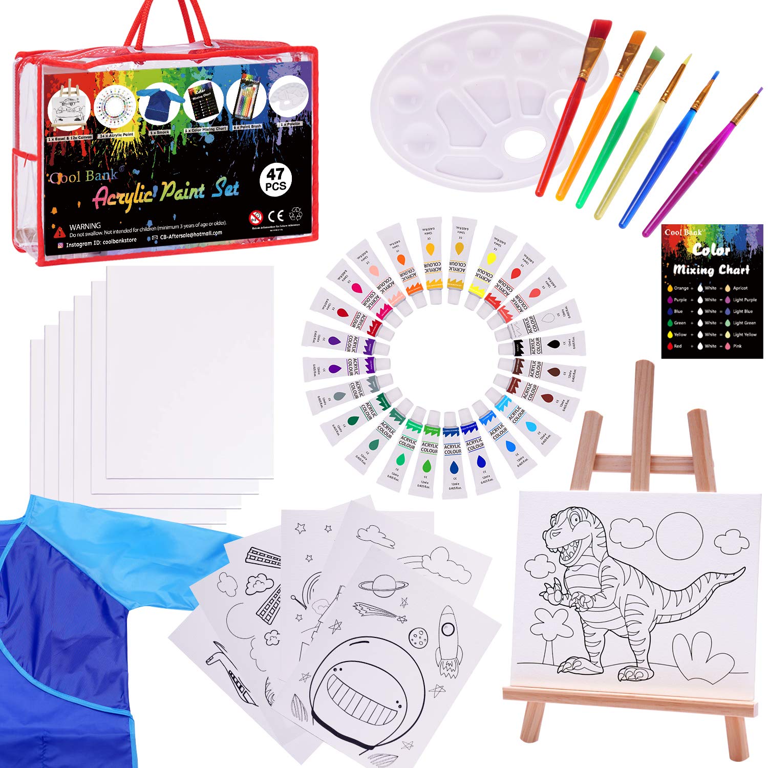 Paint Set, 47 Piece Art Set Paint Easel Includes 24 Non Toxic Paints, Table Top Easel,Art Smock,6 Paint Brushes,12 PCs 8x10 Canvas,Paint Palette,Art Set for Artists (Travel Bag Included)