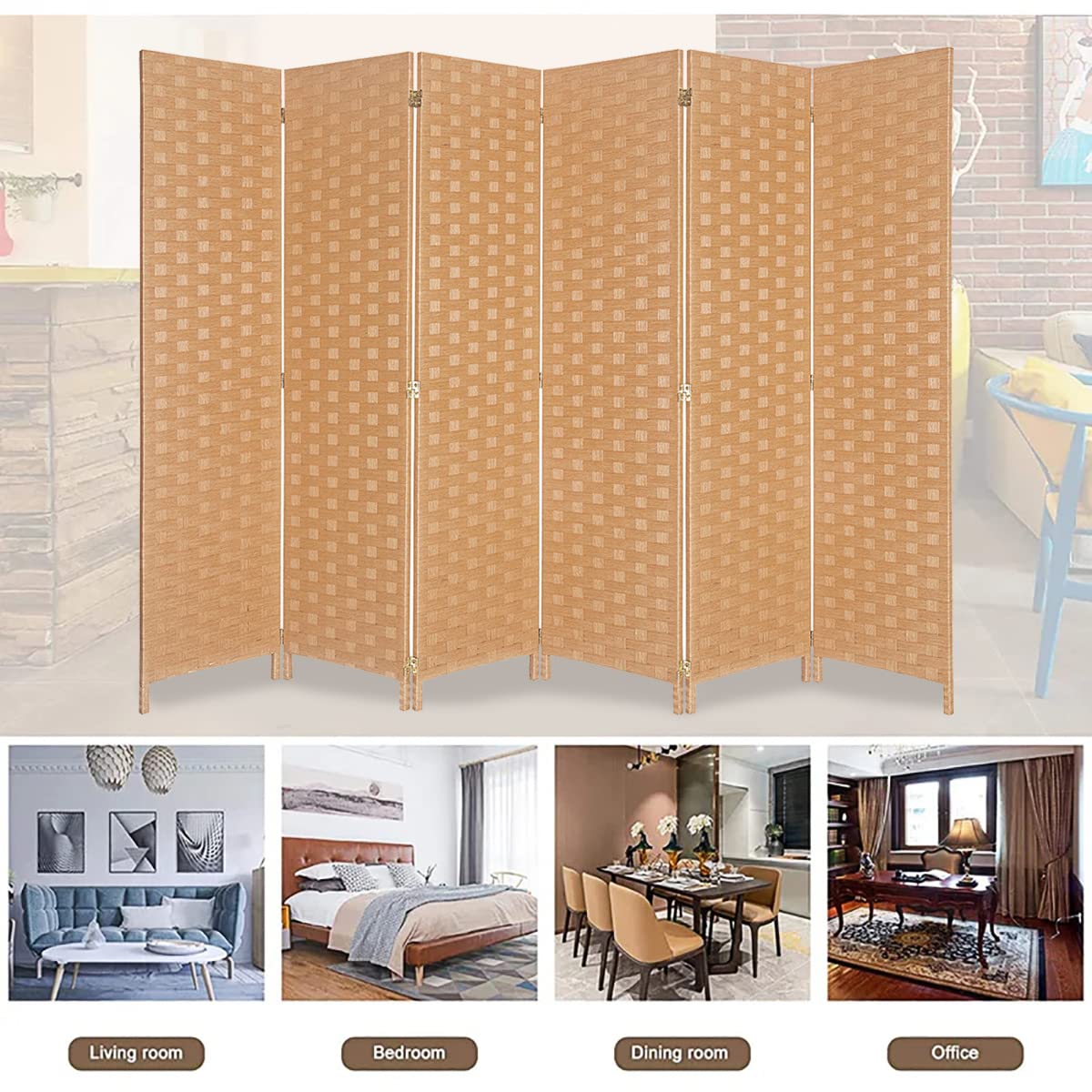 RHF 6 ft.Tall 16" Wide Room Dividers,Double Side Woven Fiber Divider,Better Privacy Screen,Folding Partition & Wall Divider,Space Seperate Indoor 6 Panel Screen,Freestanding- Light Beige,6 Panels