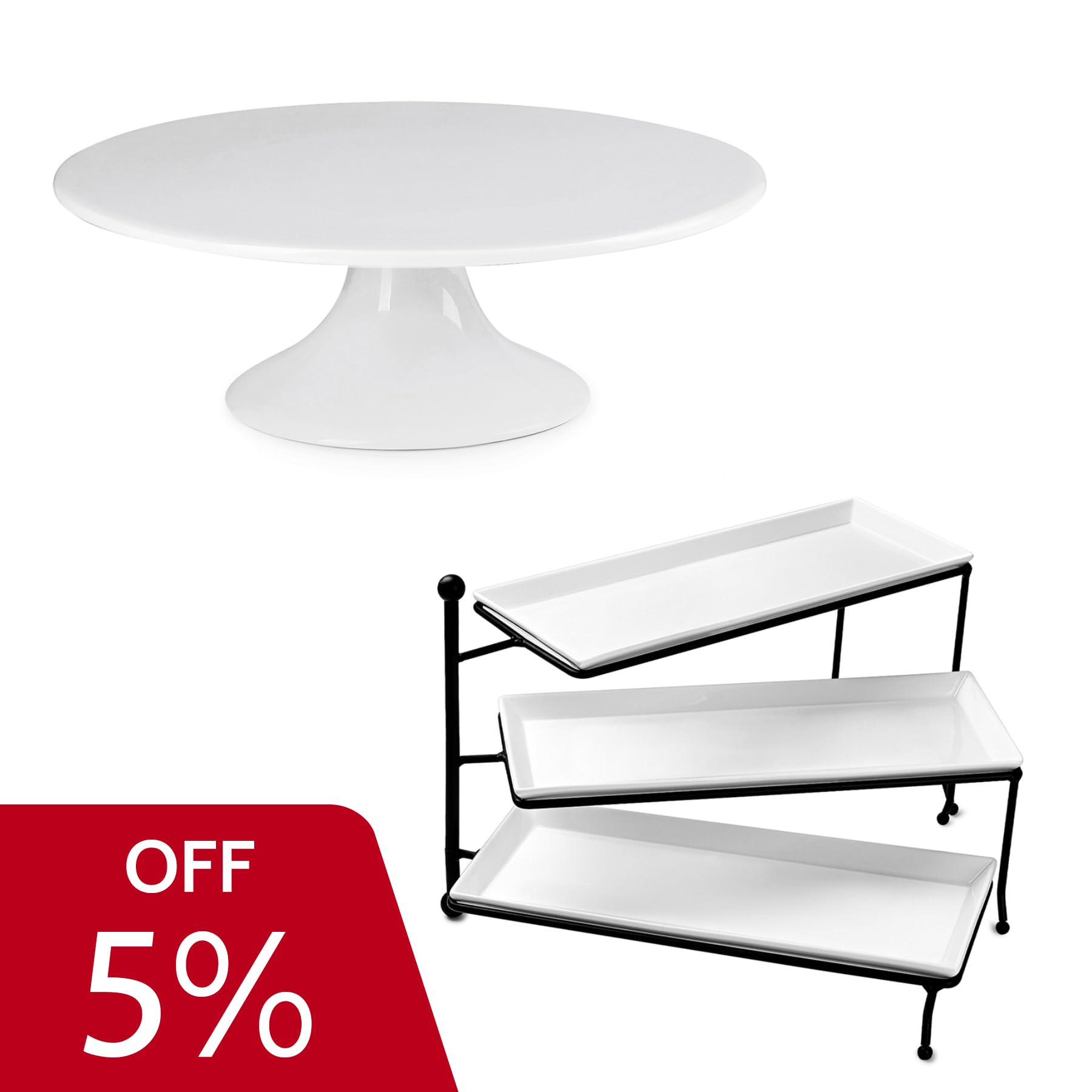 Sweese 10inch Porcelain Cake Stand White + 3 Tiered Foldable Serving Stand White for Brithday Party, Valentine's Day and Events