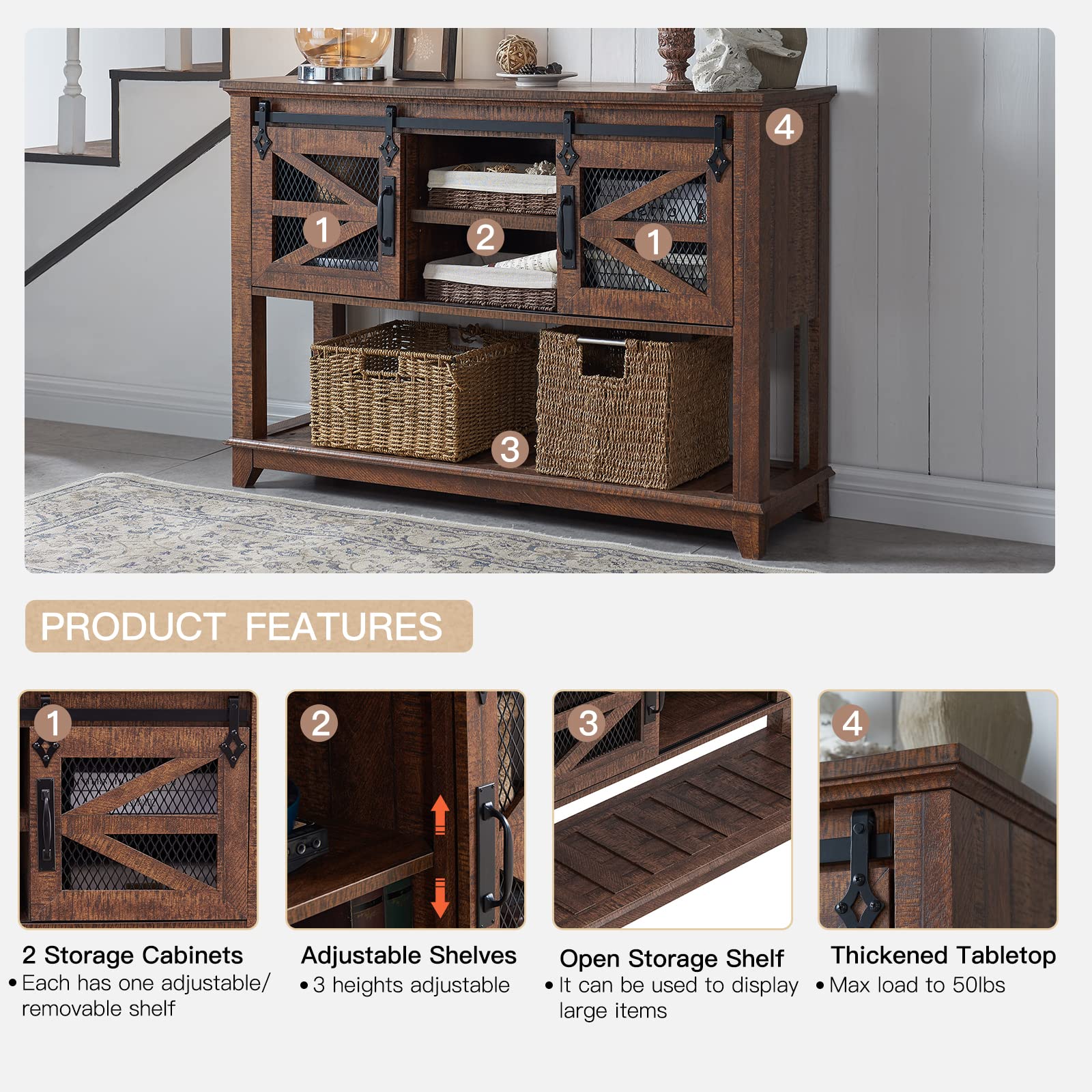 OKD Entryway Table w/Sliding Barn Doors, 46'' Farmhouse & Industrial Console Table with Storage, Rustic Sofa Table w/Adjustable Shelf & Open Shelf for Entryway, Hallway, Livingroom, Reclaimed Barnwood