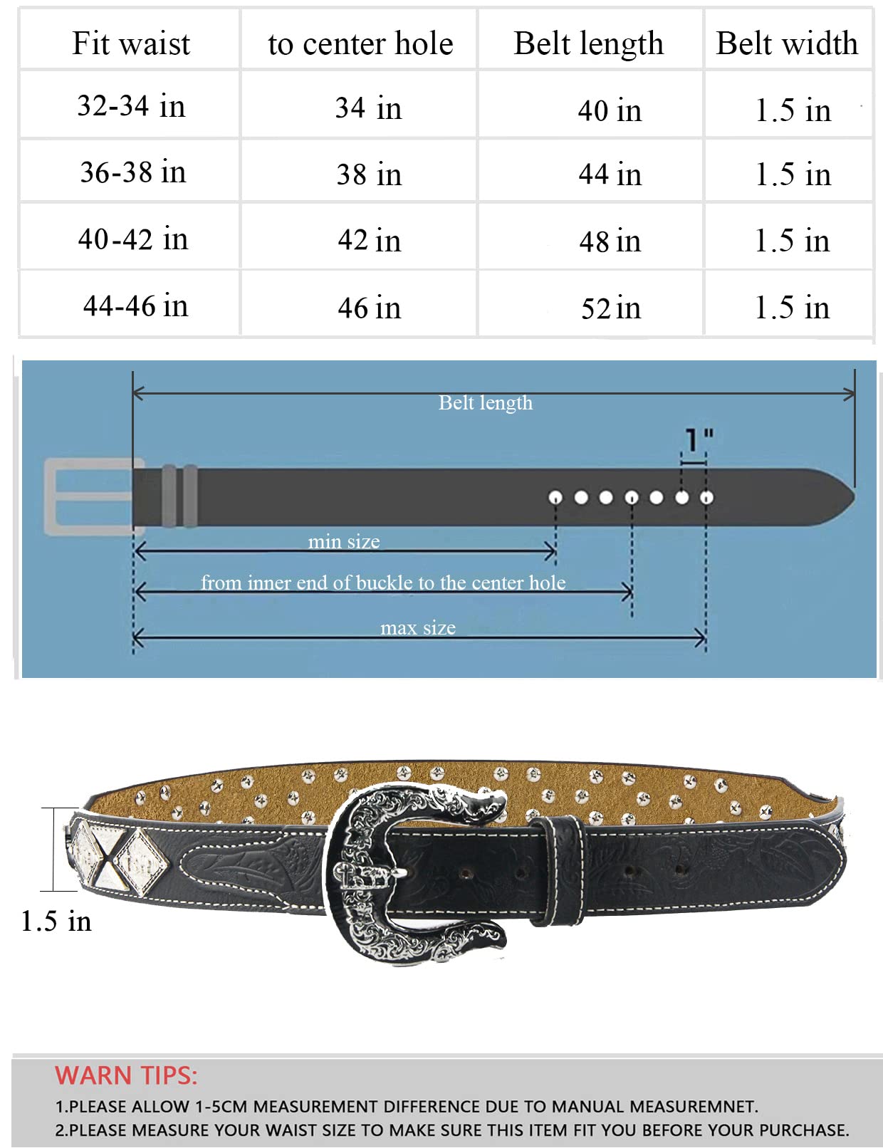 URAMAN Mens Western Belt Cowboy Country Concho Leather Belt for Jeans Pants Rodeo