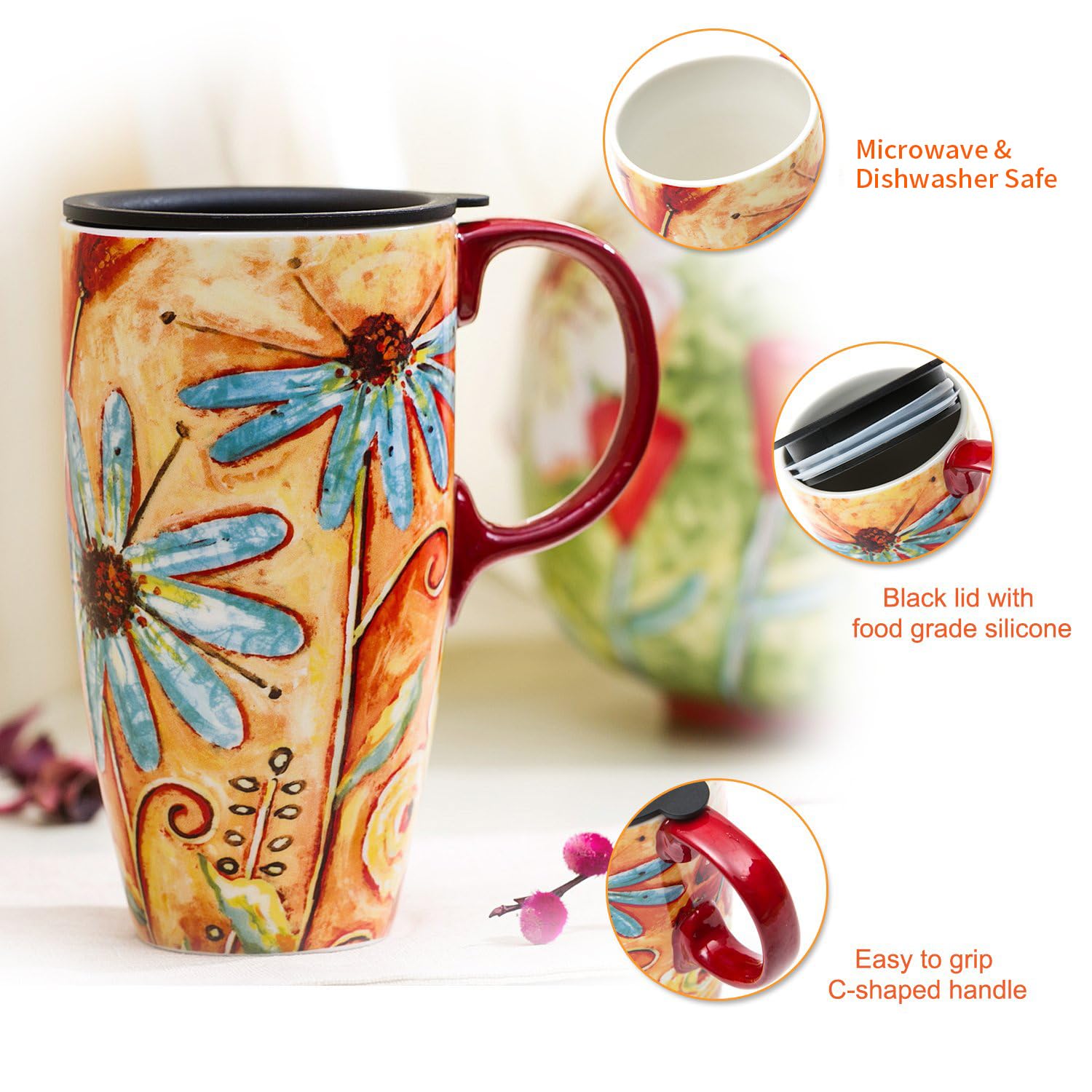 Topadorn 17 oz Tall Ceramic Travel Mug Coffee Cup with Sealed Lid,set of 2