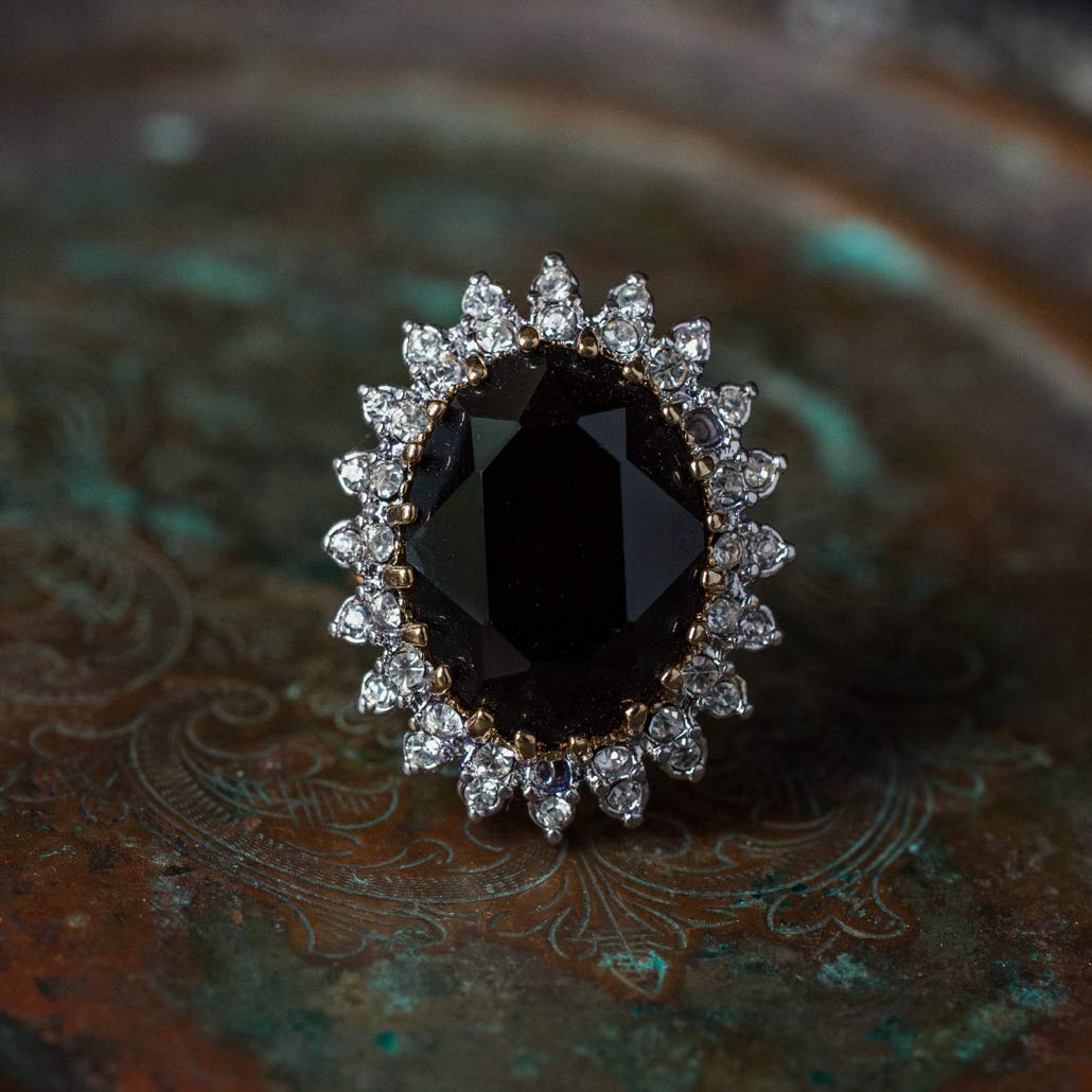 Providence Vintage Jewelry Black & Clear Austrian Crystal 18k Gold Plated Cocktail Ring