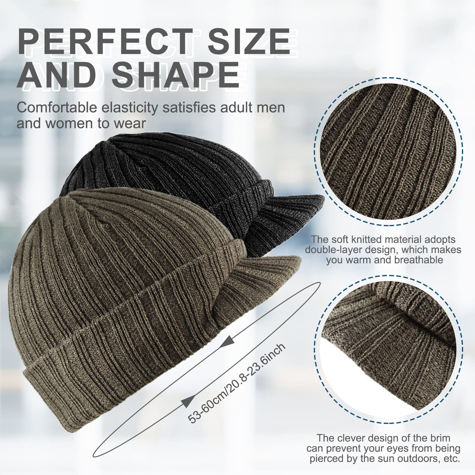SATINIOR Knit Hats for Men 2 Pieces Newsboy Cable Beanie Cap Wool Radar Hat Warm Cuff Visor Beanie Winter Hats with Brim (Black, Dark Grey)