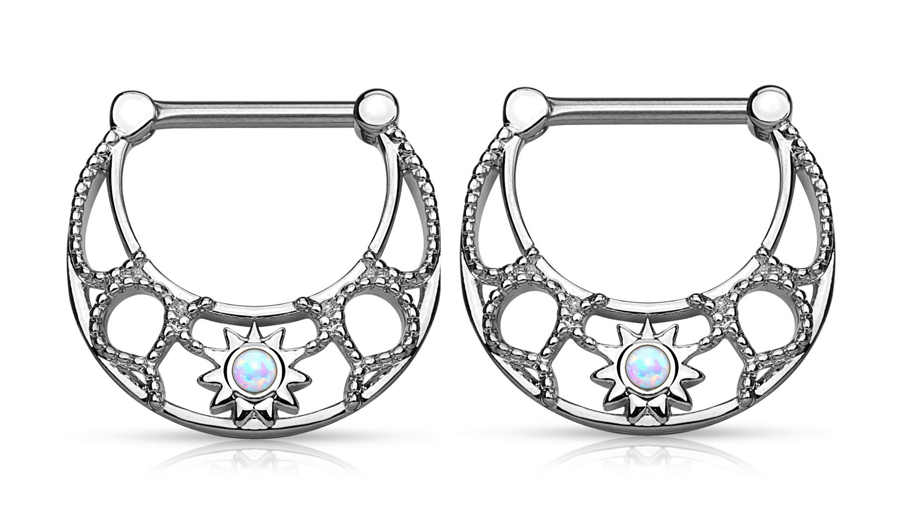 Pierced Owl 14GA 316L Stainless Steel Synthetic Opal Sunburst Centered Filigree Nipple Clicker Rings, Sold as a Pair (Silver Tone)