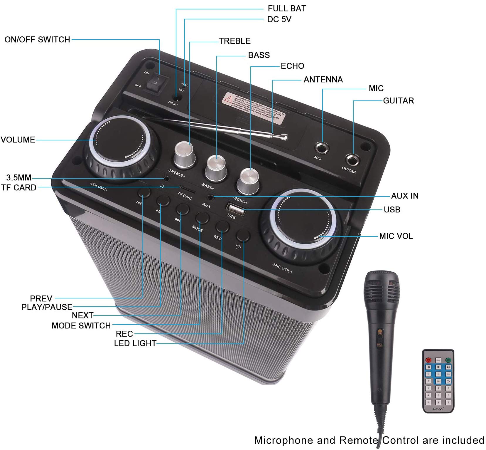 RHM K112 Karaoke Machine with 6 Color Change, Portable Bluetooth Speaker with Microphone, LED Lights & Rechargeable Battery, Support Bluetooth/AUX/USB/SD/FM Radio for Home, Party, Picnic