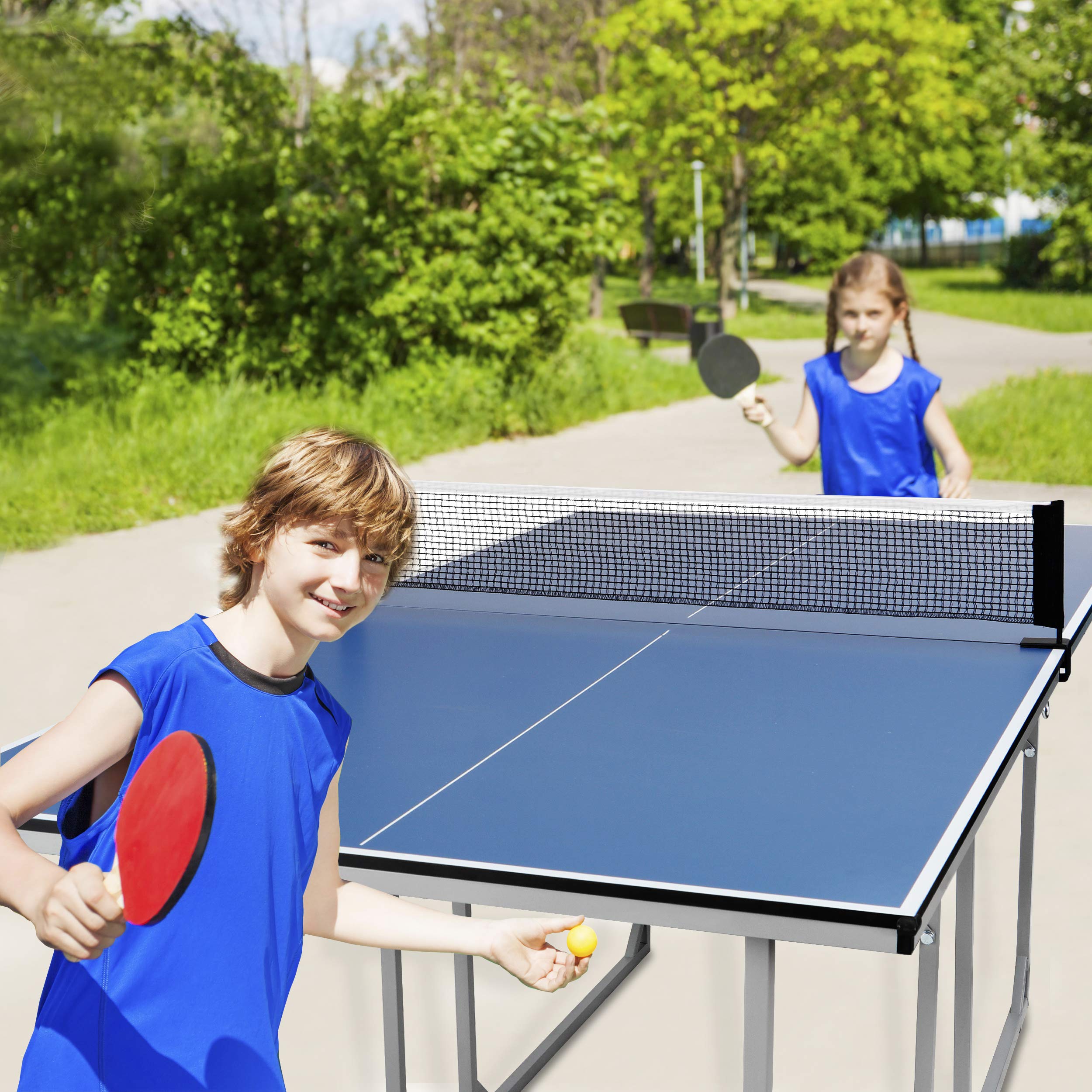 Oteymart Preassembled Table Tennis Table 6'x3' Folding Table Indoor Outdoor Mid-Size Regulation Portable Ping Pong Table w/Net for Home