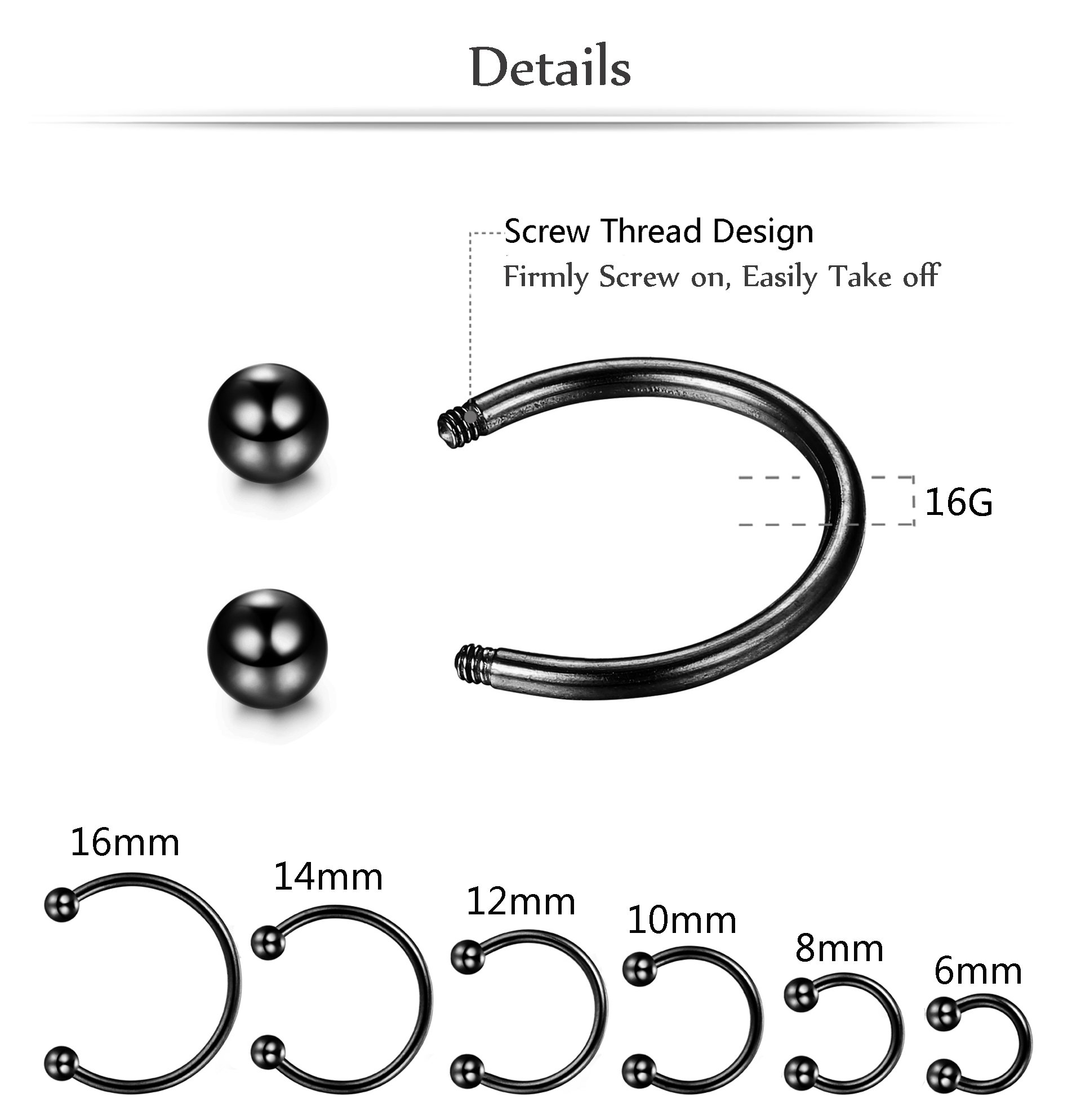 ORAZIO 12Pcs 14-16G Stainless Steel Nose Rings Septum Piercing Cartilage Horseshoe Earring Body Piercing 6MM-16MM Black And Silver Tone