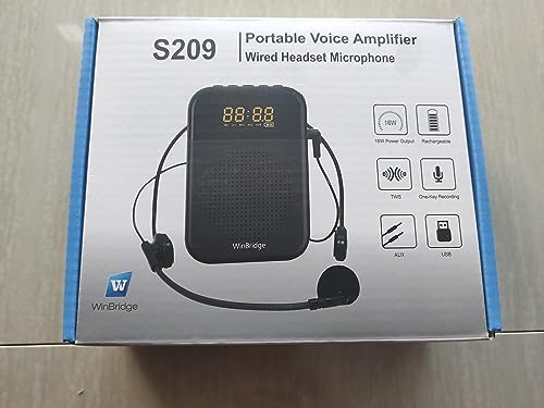 WinBridge S209 Bluetooth Voice Amplifier for Teachers with Portable Microphone Headset Wired, Personal Voice Amplifier Features Mute, Record, LED Display, No Feedback 16W