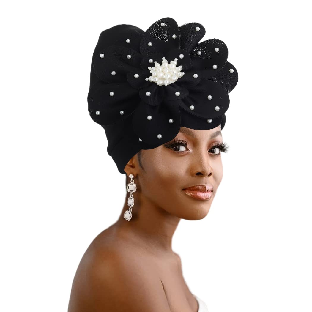 Urieo Pearl Head Wrap Hat African Beanie Headwrap Women Turban Flower Caps