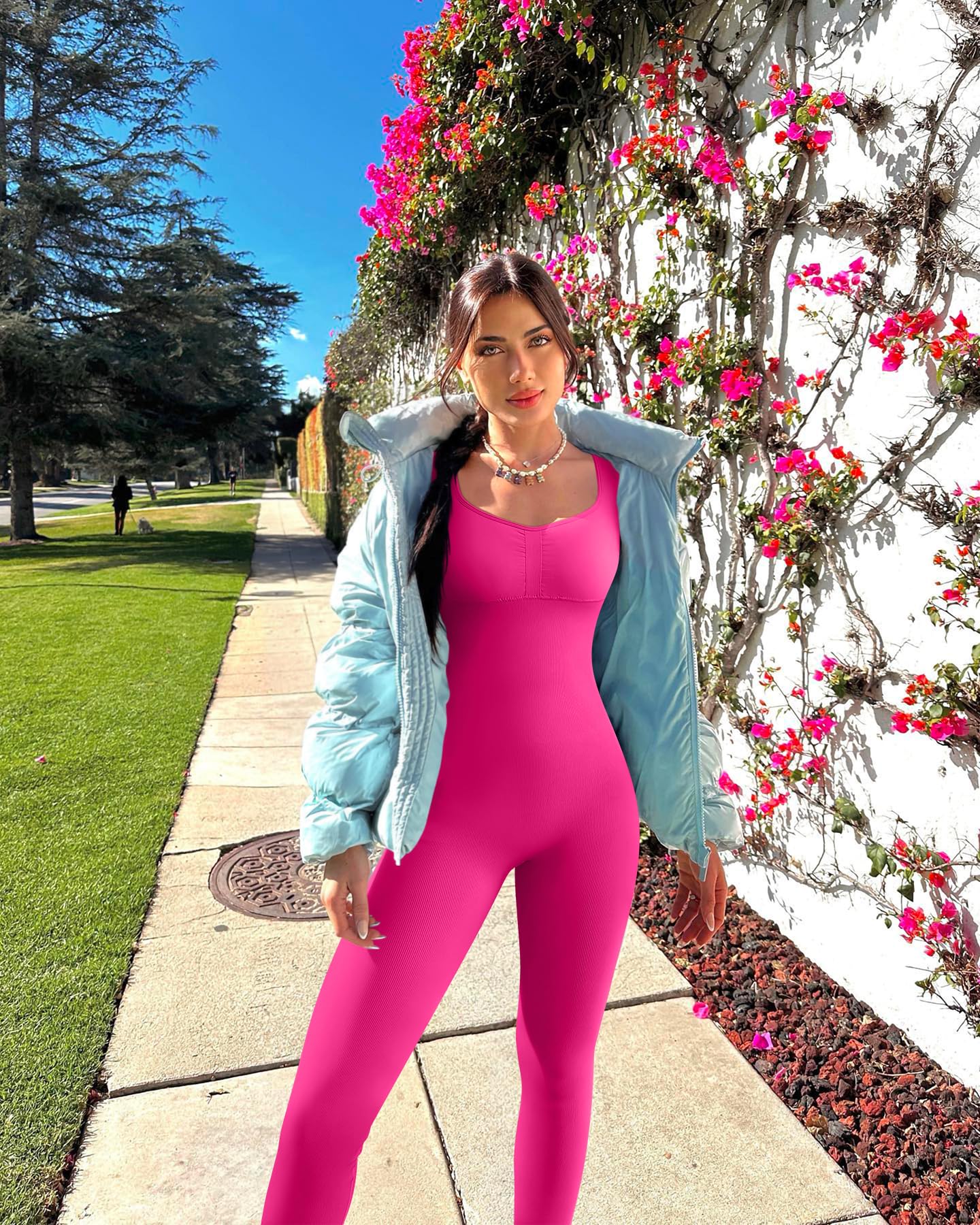 OQQ Women‘s Yoga Jumpsuits Workout Ribbed Long Sleeve Tops Padded Sports Bra Exercise Jumpsuits Rose3