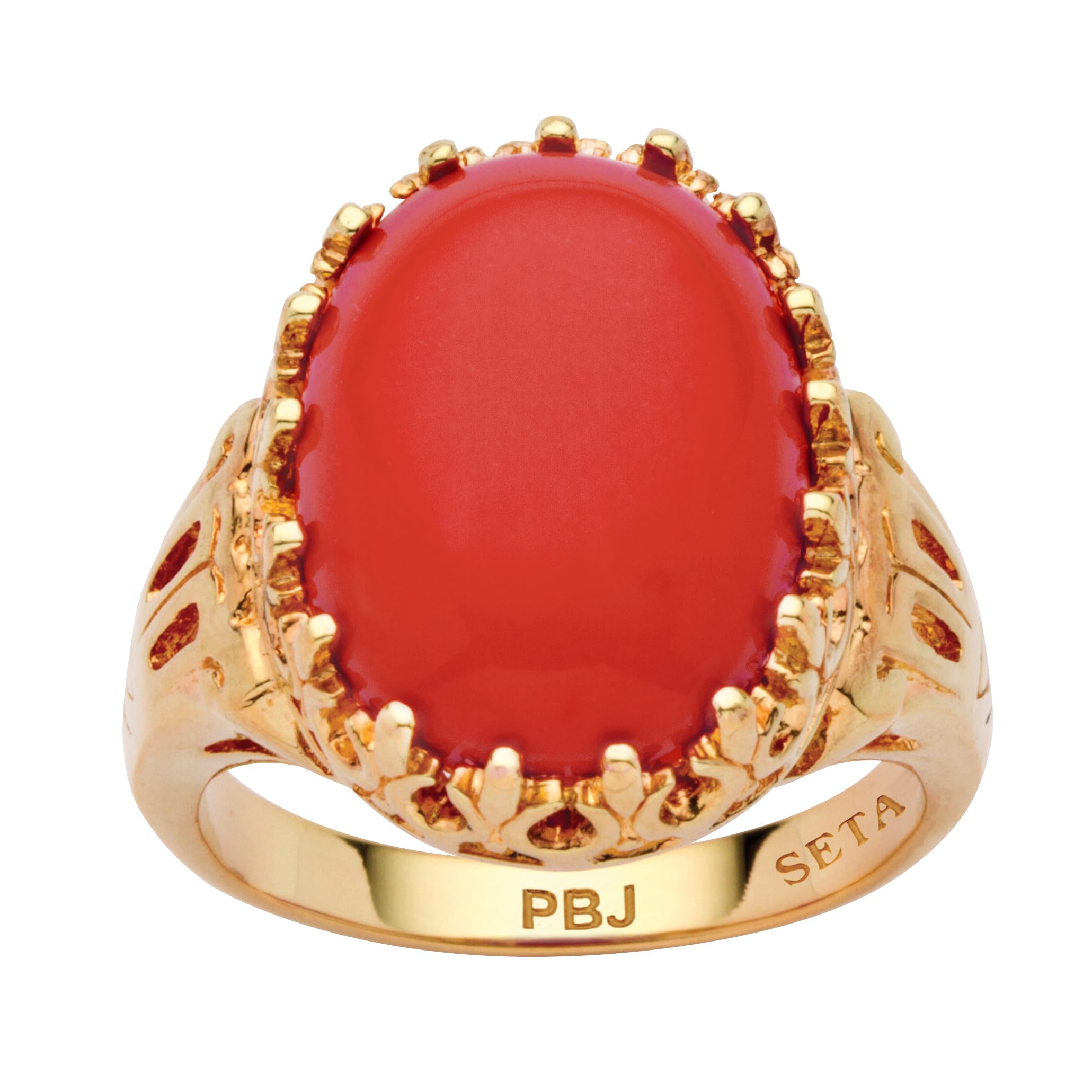 PalmBeach Yellow Gold-Plated Oval Shaped Simulated Orange Coral Cabochon Filigree Cocktail Ring Sizes 5-10 Size 7