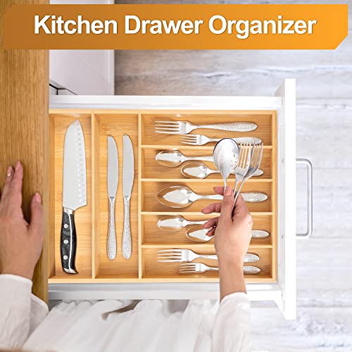 oridom Silverware Organizer for Drawer Sturdy Construction Utensil Organizer for Kitchen Drawers Large Capacity Bamboo Cutlery Organizer in Drawer with Non-Slip Feet Natural
