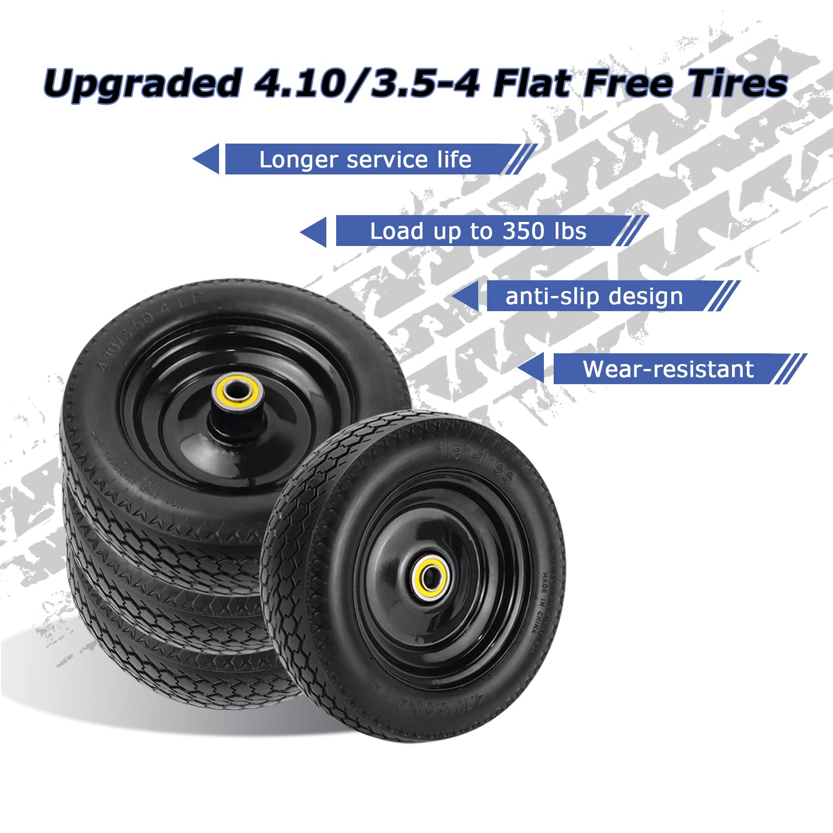 Upgraded 10" Flat Free Wheels Compatible with Garden Cart, 4.10/3.50-4" Replacement Solid Tires with 5/8″ Bearings, Solid Rubber Wheels for Garden Carts/Hand Truck-4PCS