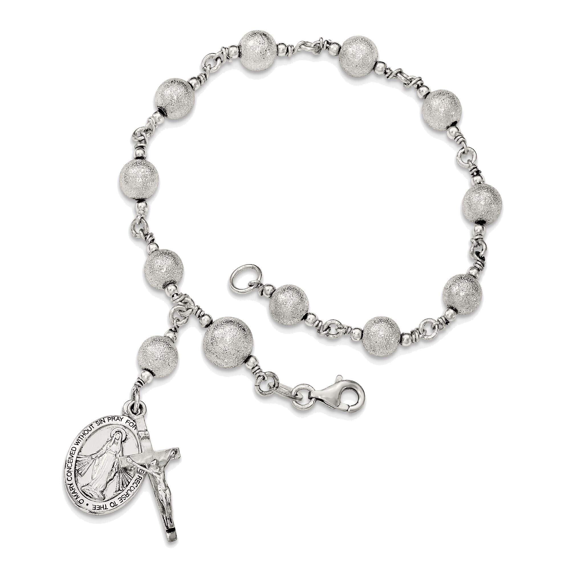 Solid Sterling Silver Polished Laser-Cut Rosary Bracelet