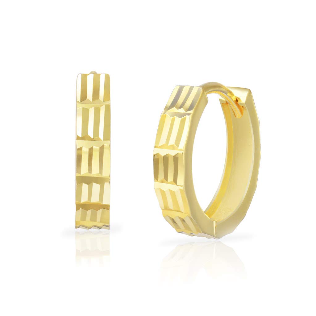 SOLIDGOLD - 14K Real Gold Thick Textured Huggie Click top Hoop Earrings