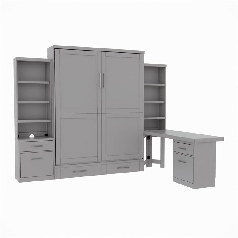 RoomAndLoft Queen Size Murphy Wall Bed in Solid Wood, with Storage and Shelves in Gray, No Box Spring Needed, Easy Assembly, Up to weight capacity