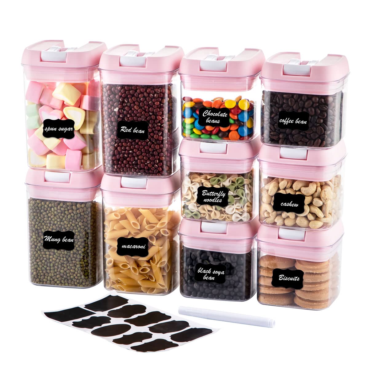 U-QE Airtight Food Storage Container Set-10 Piece BPA Free Clear Plastic Cereal Canisters with Easy Lock Lids-Kitchen & Pantry Organization Containers for Sugar, Flour, Cereal, Labels & Marker(Pink)