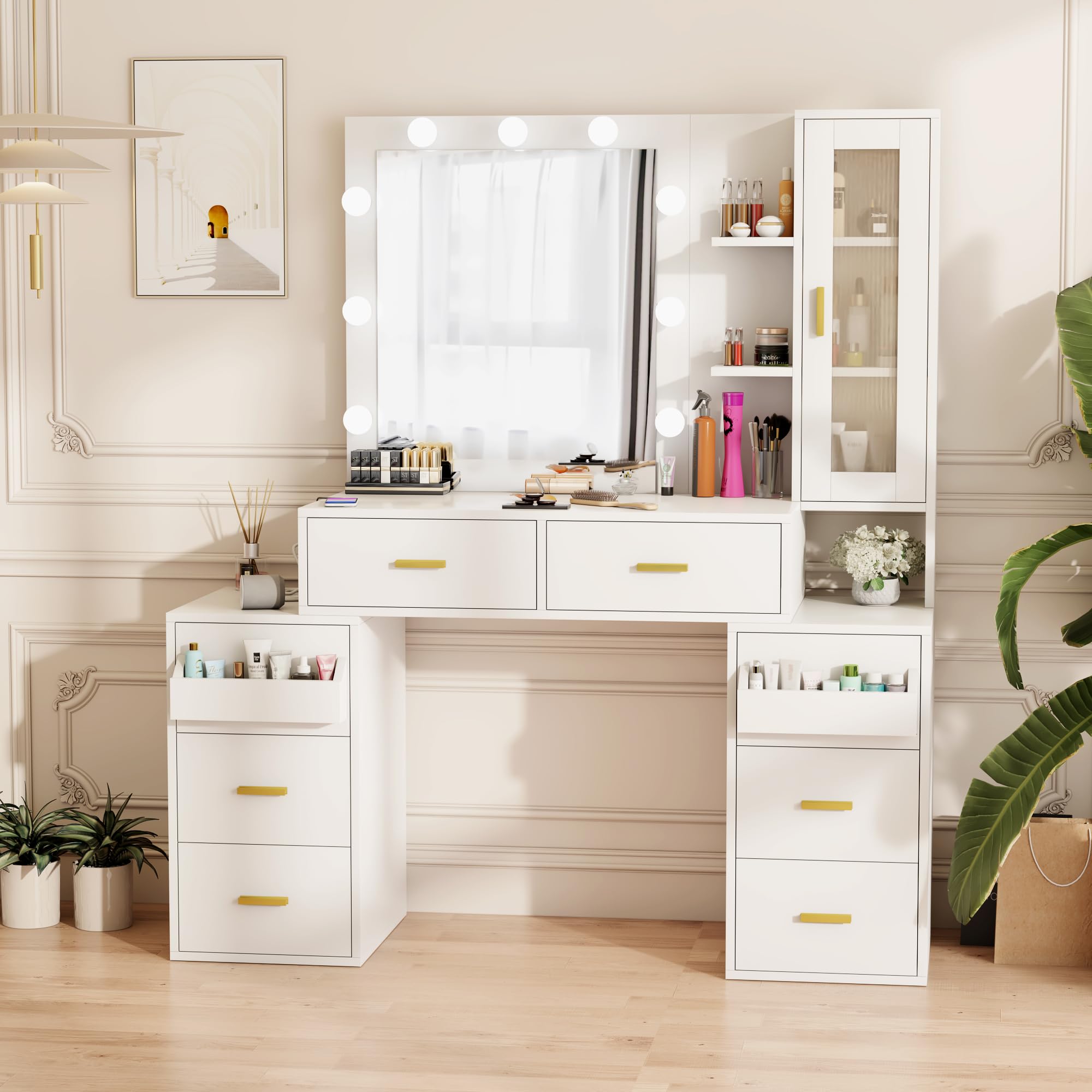 PAKASEPT Vanity Set with Lights, Makeup Vanity Desk with Tri-Fold Mirror, Dresser Table with 2 Drawer and Storage Cabinet, Cushioned Stool for Women Girls White