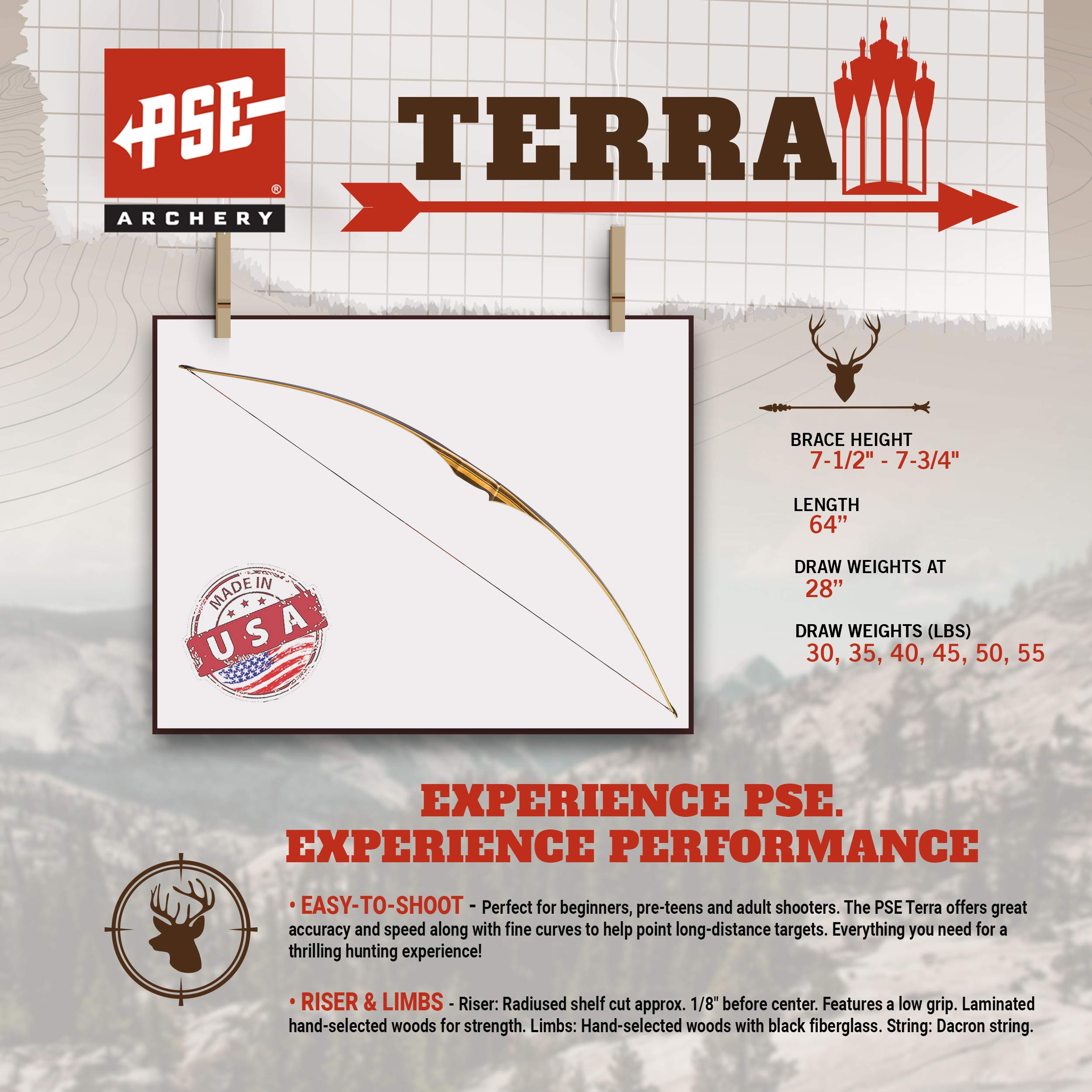 PSE ARCHERY Terra Longbow-Wood-Arrow-Set - Right Hand - 64-45