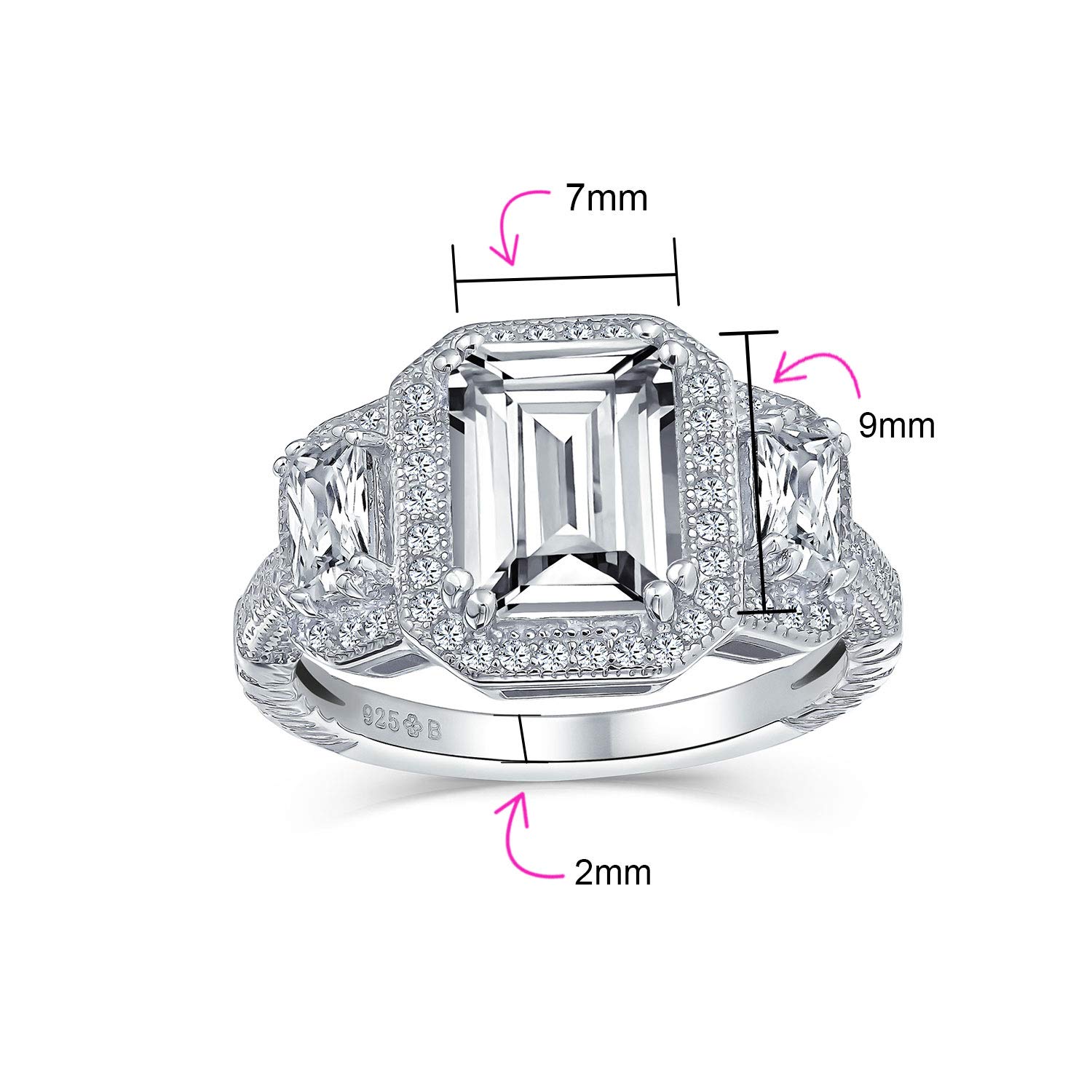 Personalize Estate Vintage Art Deco Style 3CT AAA CZ Halo Rectangle Emerald Cut Statement Engagement Ring For Women CZ Baguette Side Stones .925 Sterling Silver Custom Engraved