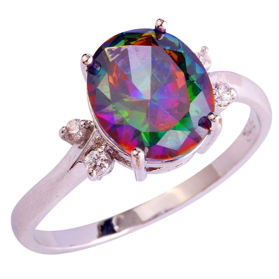 Psiroy 925 Sterling Silver Plated Oval Cut Simulated Rainbow Topaz Promise Ring Size 7