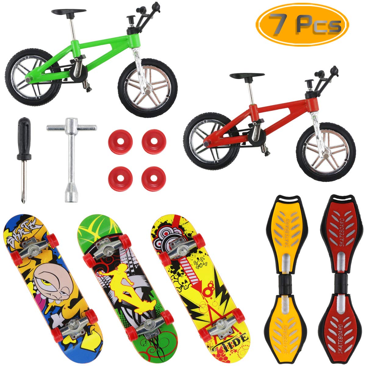 Oruuum Mini Finger Sports Skateboards/Bikes/Swing Boards, Mini Fingerboards Finger Mountain Bicycles with Endoluminal Metallic Stents Matte Surface (7 Packs)
