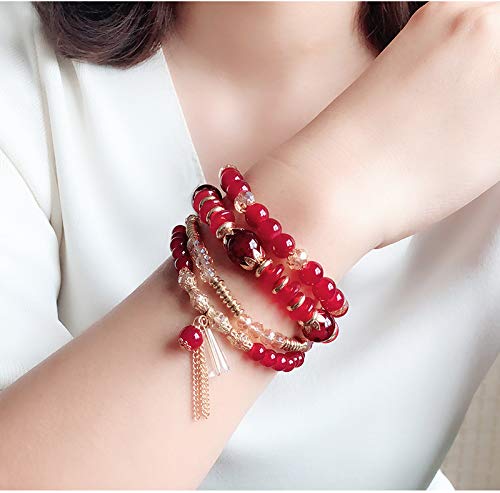 sophiii Natural Carnelian Bead Crystal Bracelet Multilayer Gemstone Bracelet Set For Women 4 Pieces Red E