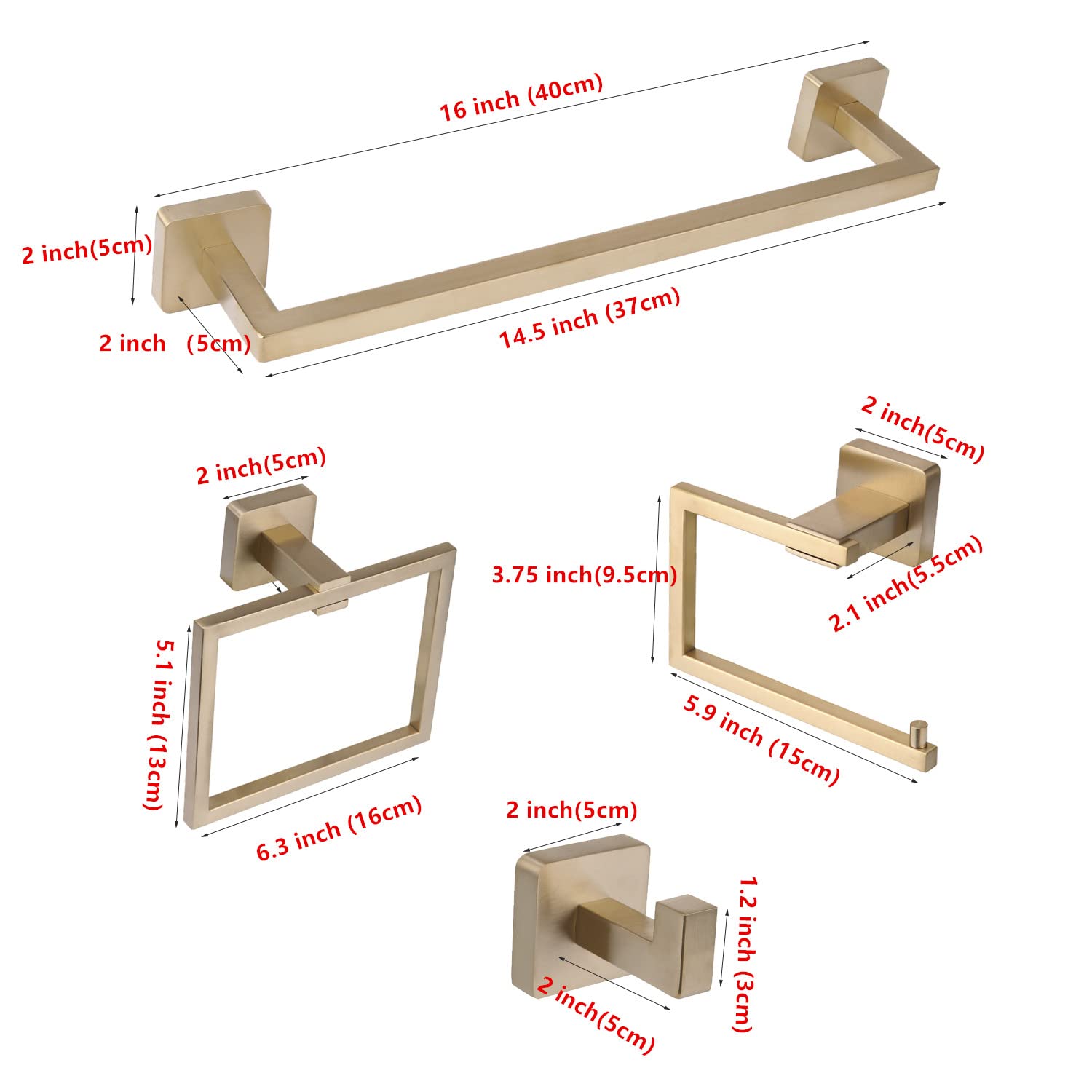 Ntipox 4 Piece Stainless Steel Brushed Gold Bathroom Hardware Accessories Set Include 16 inch Towel Bar Set Gold ,Toilet Paper Holder,Towel Rack Set Gold