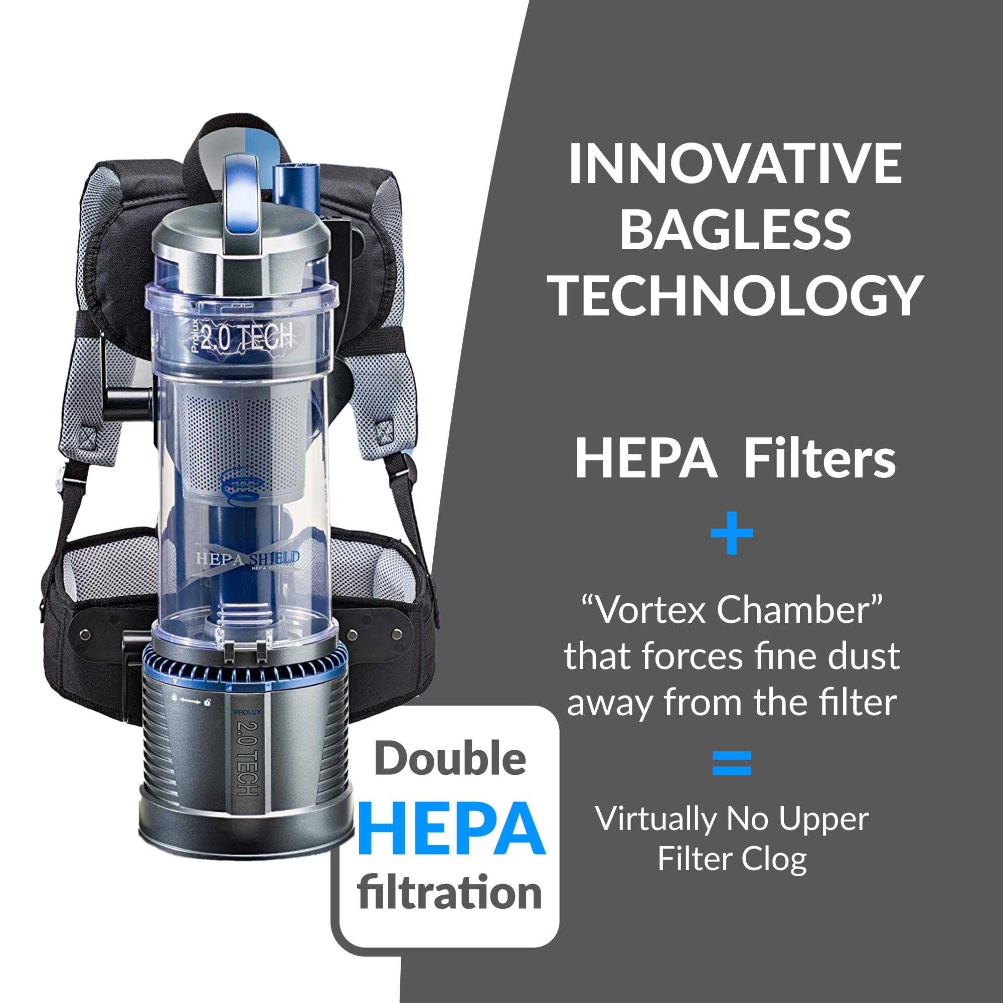 Prolux 2.0 Standard Bagless Backpack Vacuum Cleaner, Lightweight & Comfortable for Residential & Industrial Use, Double HEPA Filtration, Multiple Attachments, Padded Straps