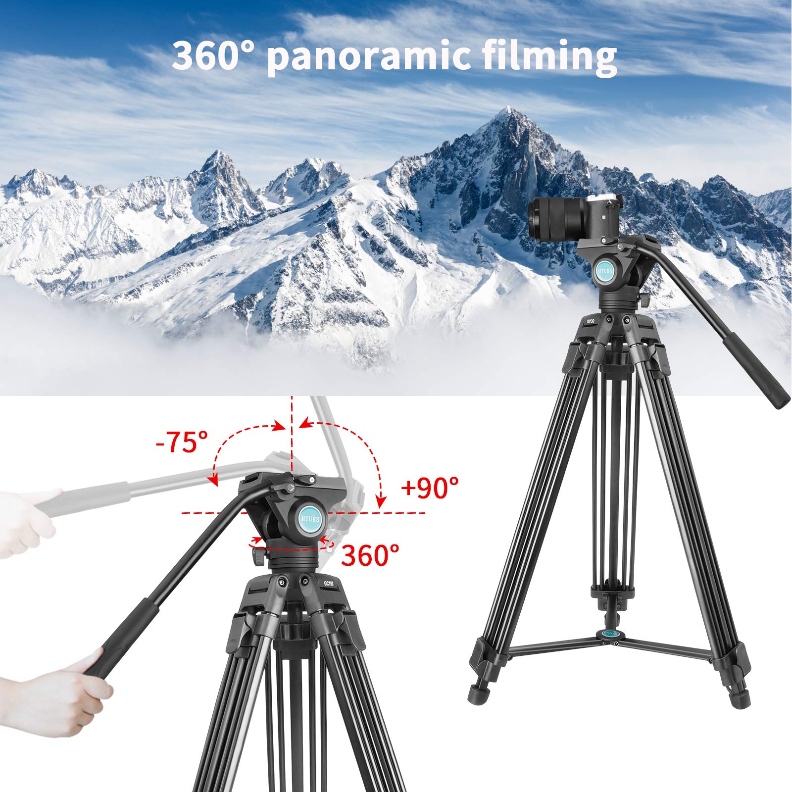 Tripod for Professional Cameras, HTURS 67 Inch Heavy Duty Tripod, with 360 Degree Fluid Head & Mid-Level Spreader, Complete Tripod Units with Travel Bag, 22LB Load Capacity