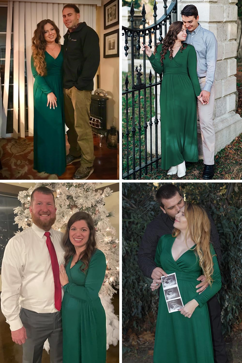 OUGES Womens Long Sleeve Green Dress V-Neck Wrap Waist Maxi Dress(Green,M)