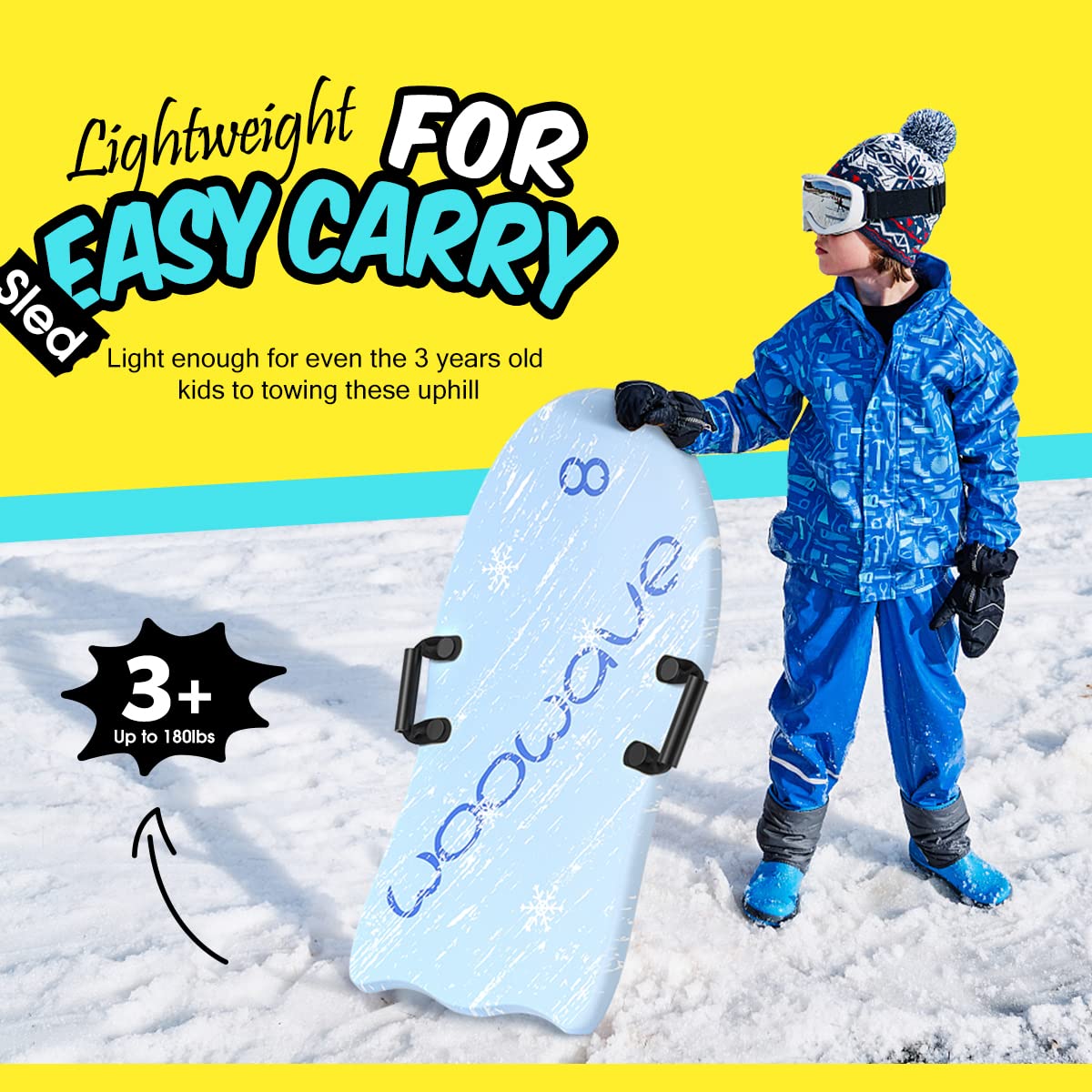 WOOWAVE Foam Sled for Kids Super Lightweight 36 inch Snow Sleds Toboggan with PE Core and Slick Bottom (Blue)