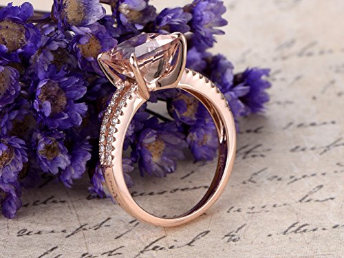 Pink Morganite Engagement Ring,8mm Cushion Cut Stone,Solid 14K Rose Gold,Split Shank Band