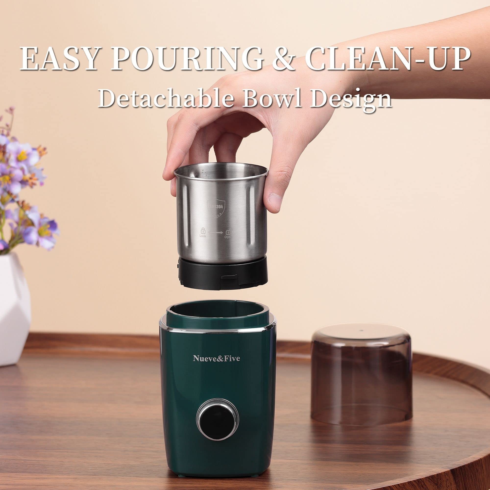 Nueve&Five Adjustable Coffee Grinder Electric, Cordless Coffee Grinder Espresso, Electric Coffee Grinder With Timing Setting, Coffee Bean Grinder Electric With Removable Stainless Steel Bowl (GREEN)