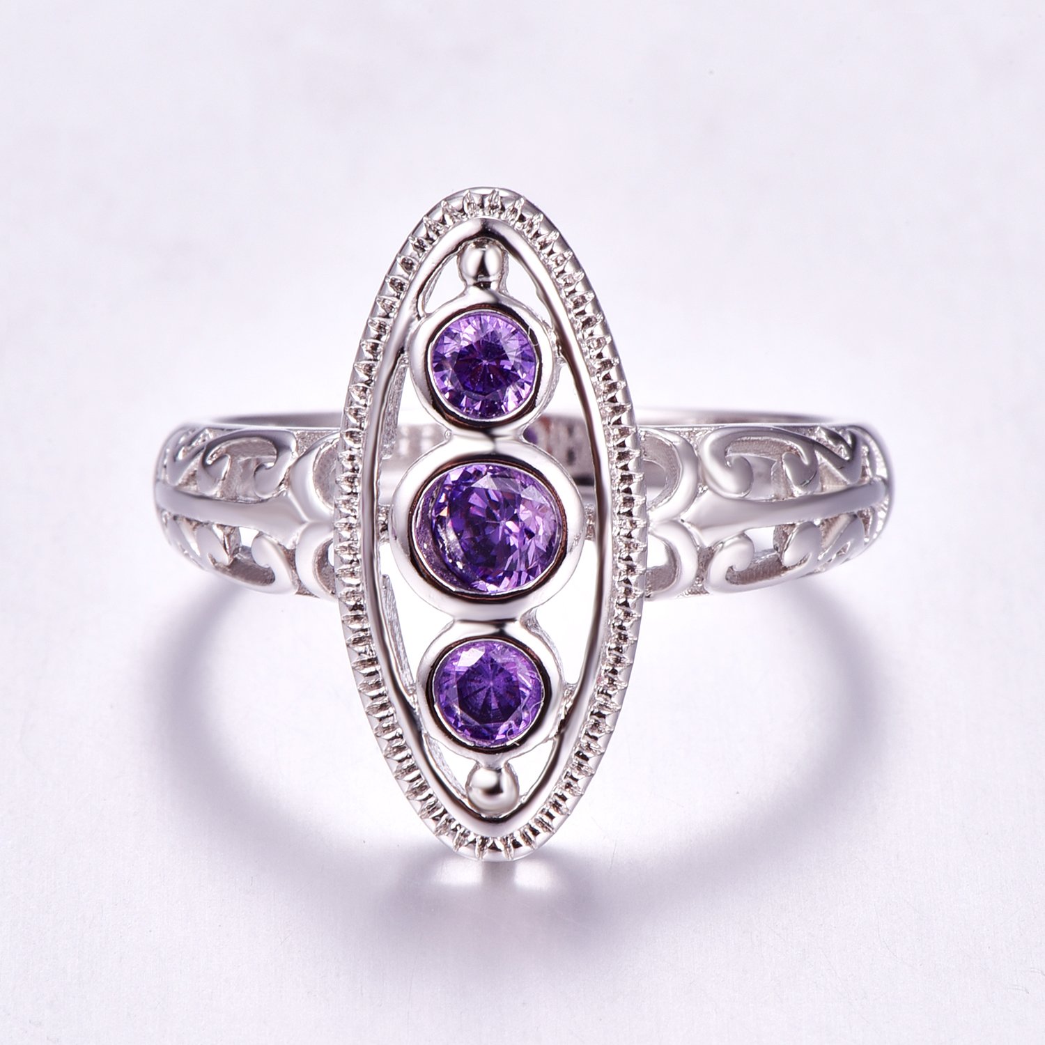 Psiroy 925 Sterling Silver Plated Simulated Amethyst 3 Stones Promise Ring for Her Size 8