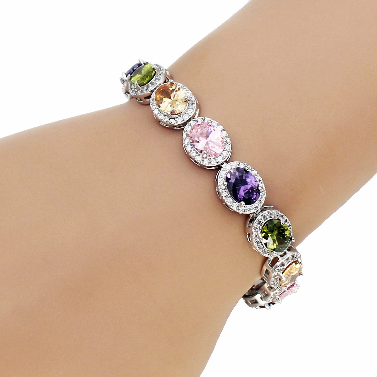 Oval Ladies Tennis Bracelet Garnet White Topaz Amethyst Citrine Peridot Pink Topza 7 inch (Multi Genstones)