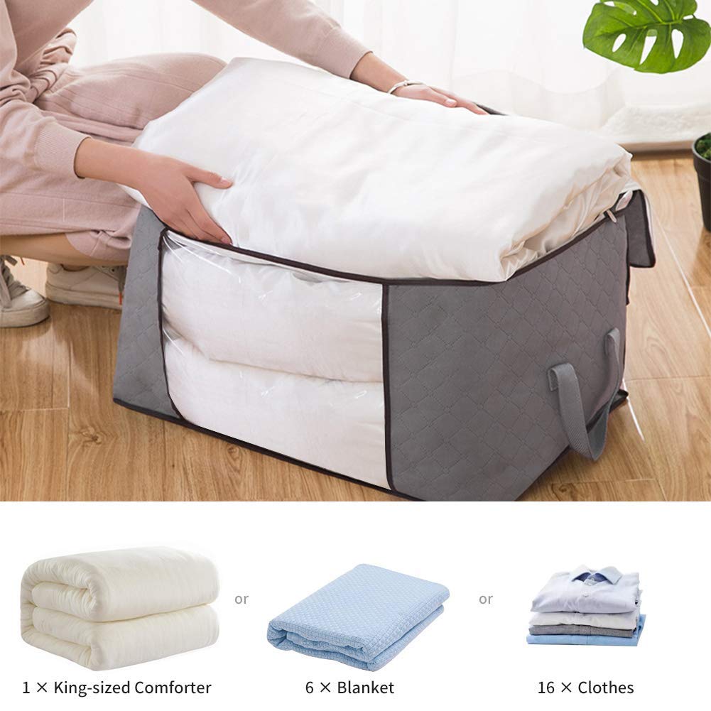 SAVICOS Large Foldable Clothes Storage Bag Organizer with Carry Handles,Sturdy Zipper, Clear Window for Clothes, Blankets, Closets, Bedrooms (3-Pack, Gray)